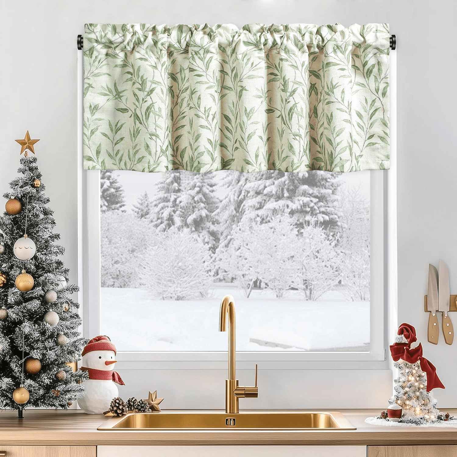 chdqwer Farmhouse Leaves Print Semi-Blackout Curtains Valances - Rod ...