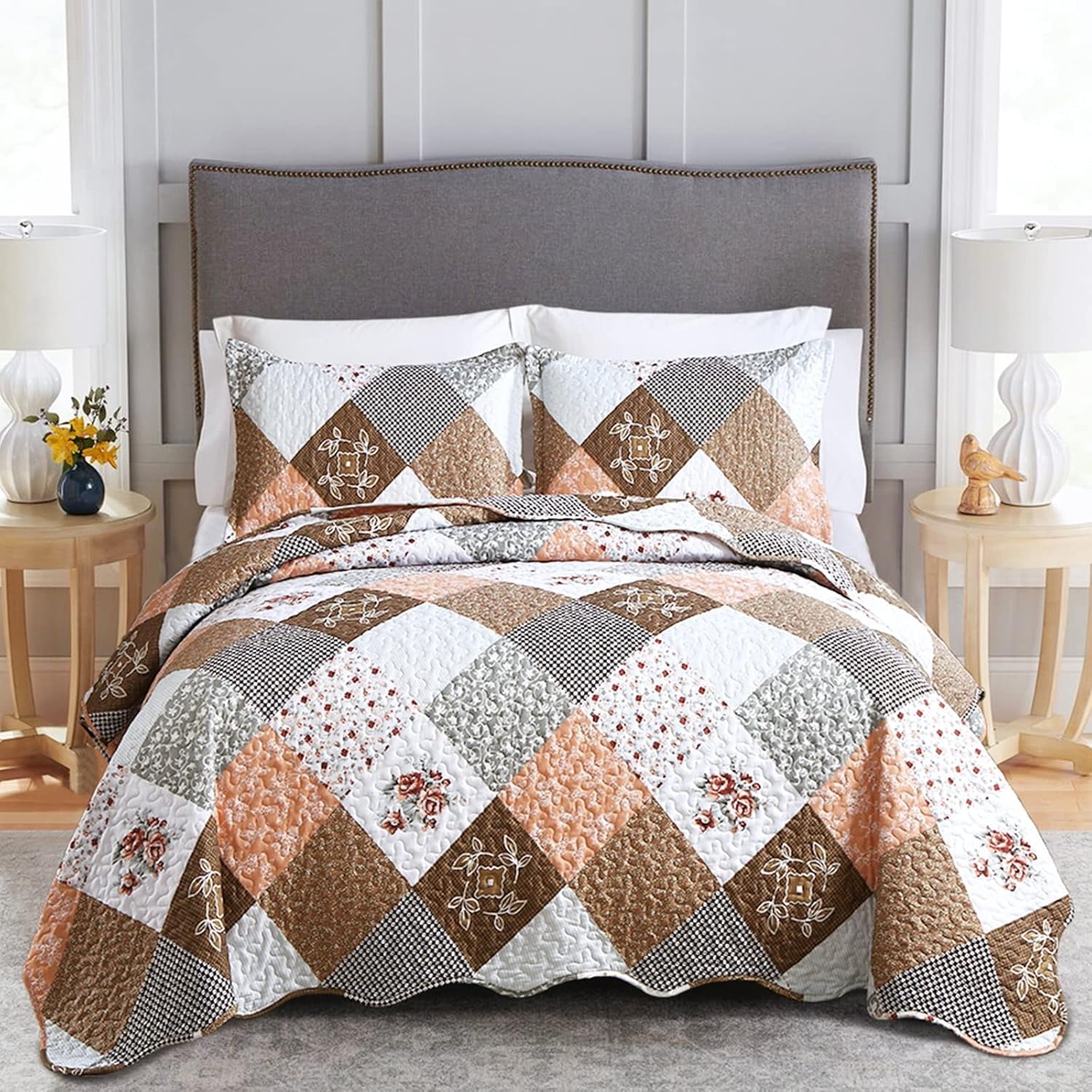 chdqwer Floral Plaid Patchwork Quilt Set King Size Reversible Brown Bedding Set Soft Microfiber ...