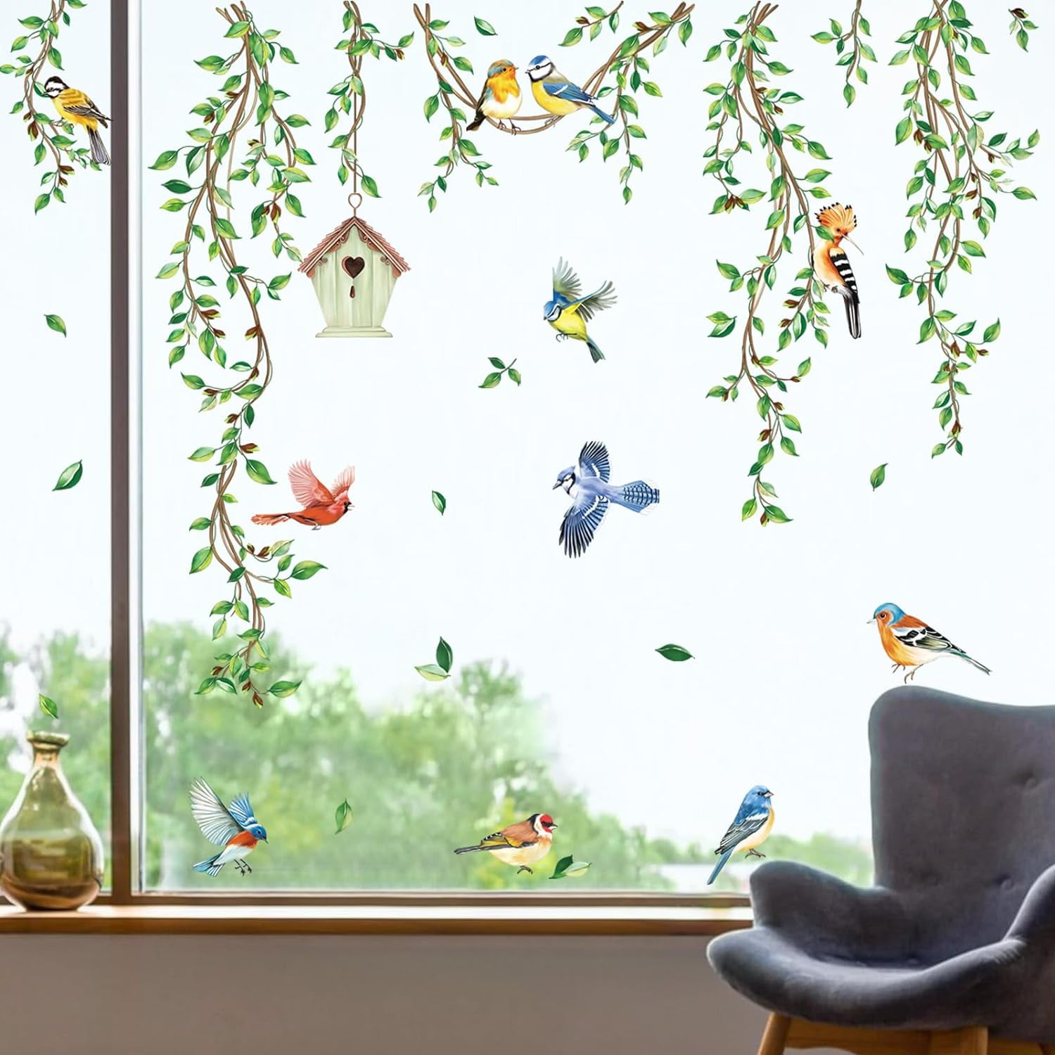 Hltao Spring Summer Hanging Green Vine Double Sided Window Clings Birds ...