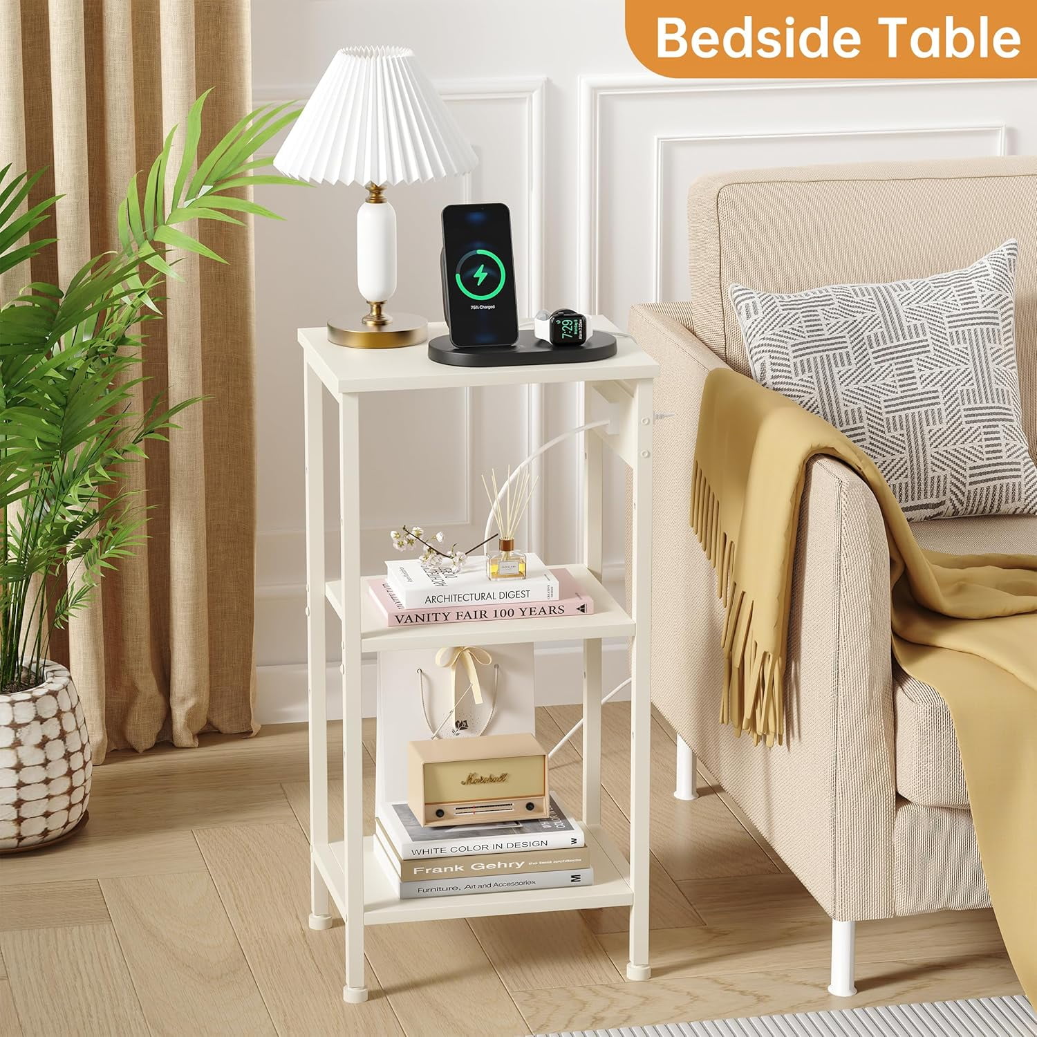 chdqwer Tall End Table with Charging Station 3 Tier Narrow Tall ...