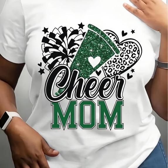 cheer mom graphic t shirt woMens casual round neck T1EE with glittery ...