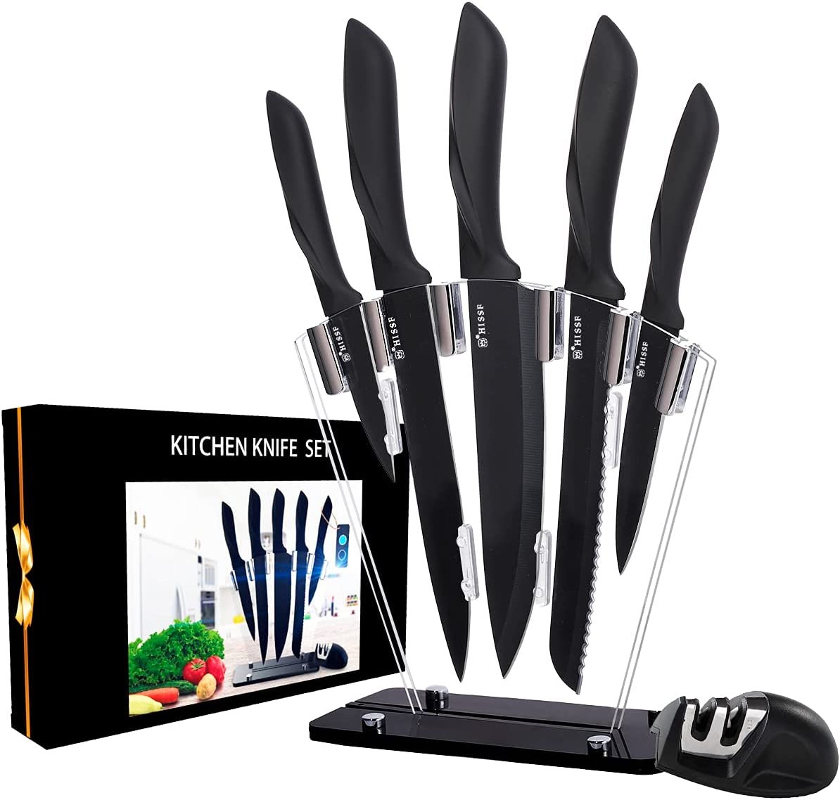 Chef Knife Set 7 Piece,Black High Carbon Stainless Steel Kitchen Knife ...