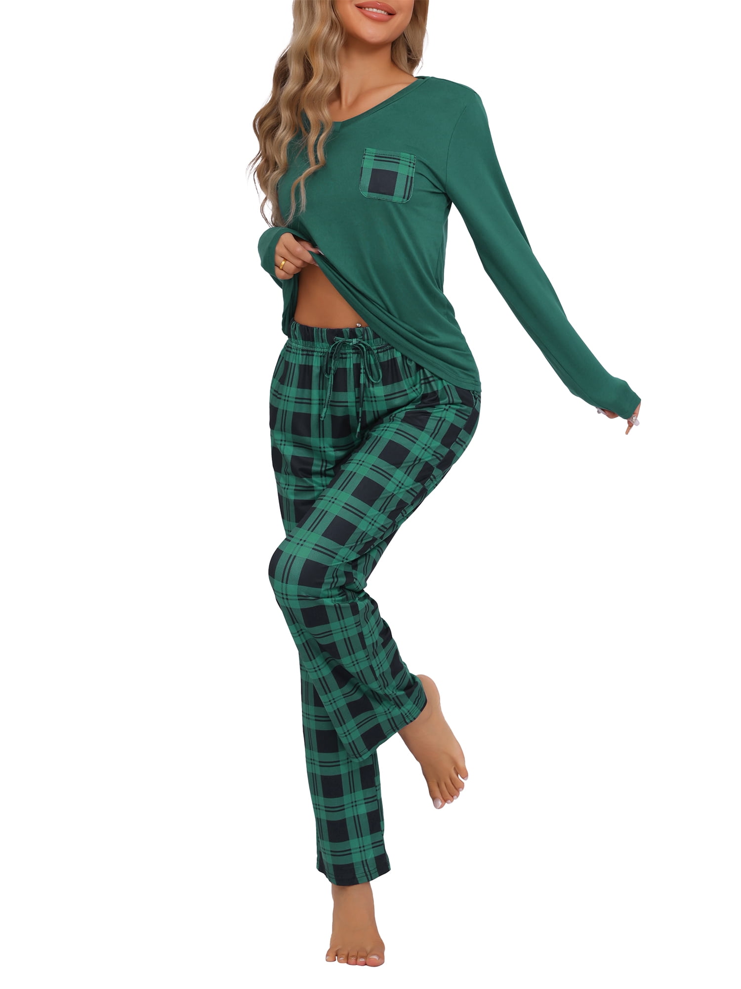 INSPIRE CHIC Pajamas Set for Women Long Sleeve Plaid Soft Lounge Sets ...