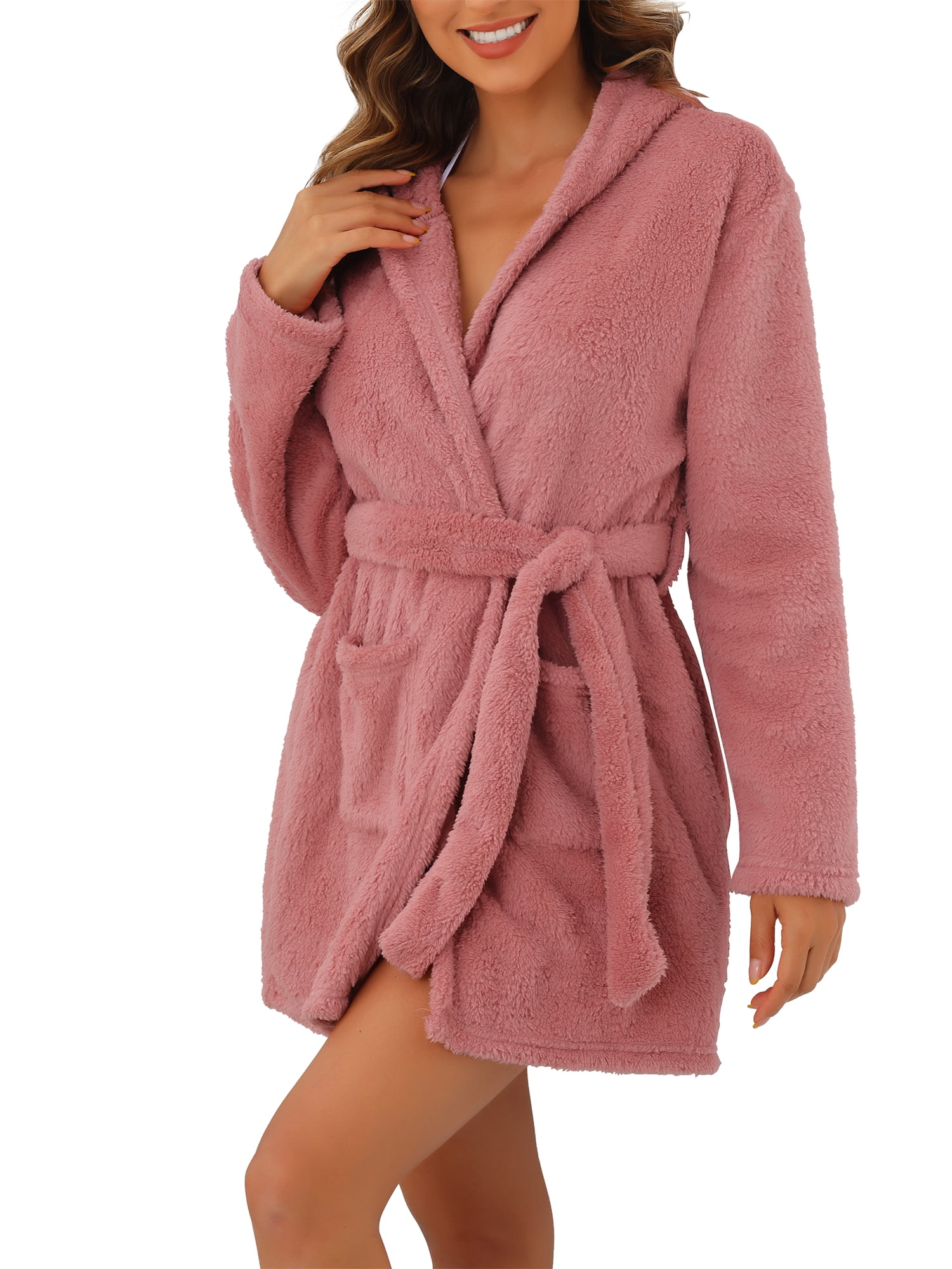 INSPIRE CHIC Women's Fuzzy Robe Belted Hooded Fleece Plush Bath Robe ...