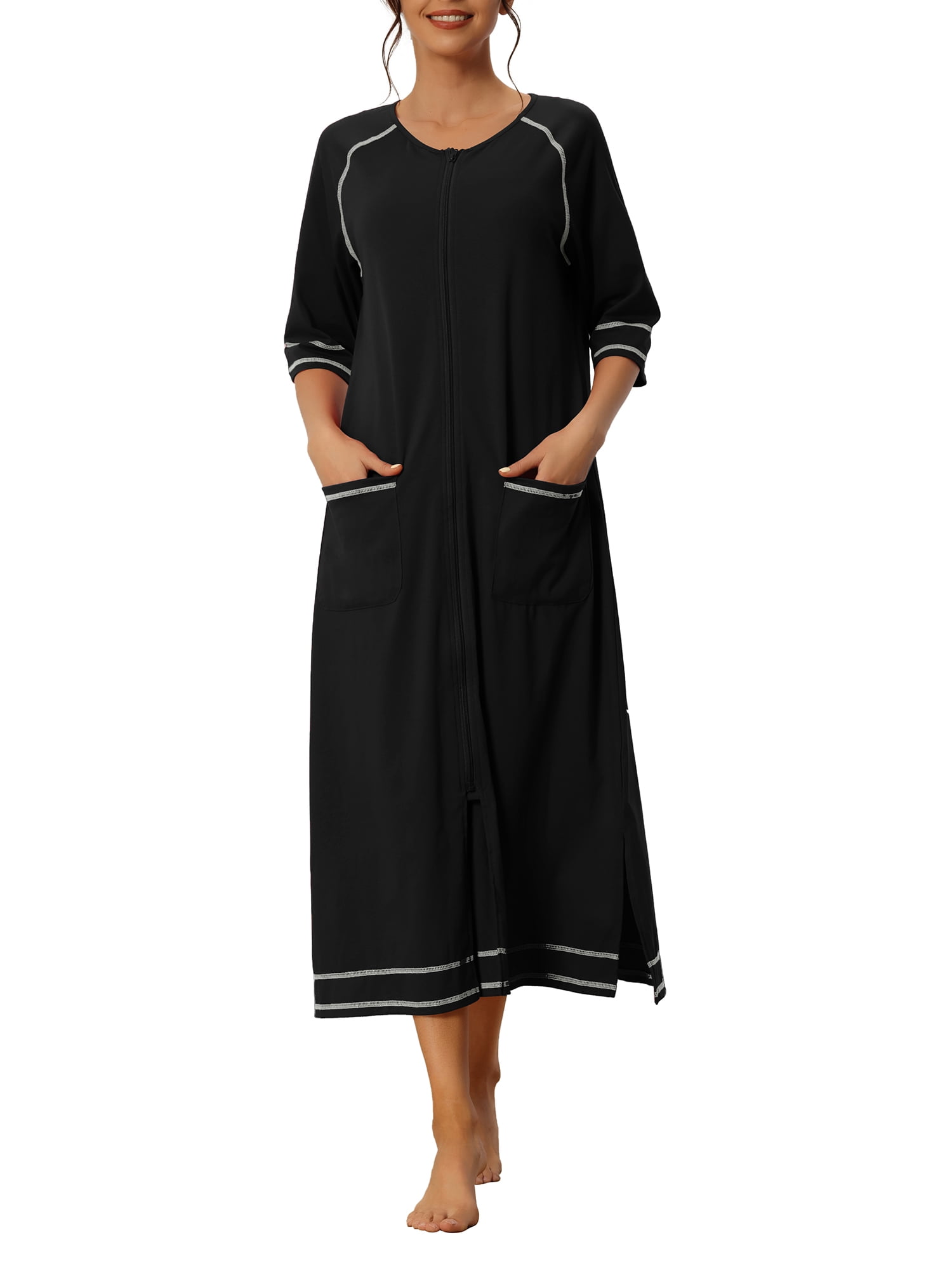 INSPIRE CHIC Women Zipper Robe Long Sleeve Loungewear Housecoat Midi ...