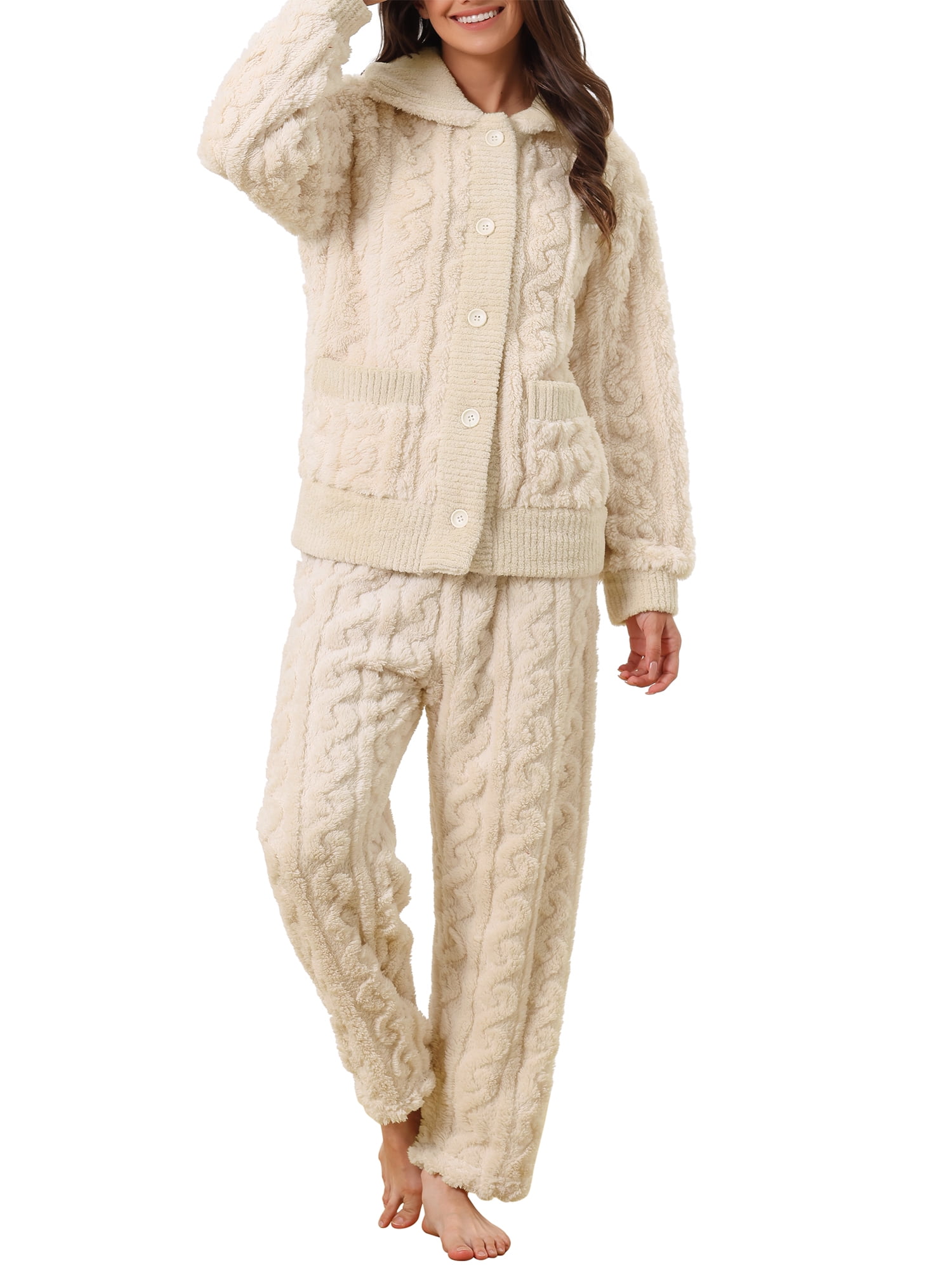 cheibear Women's Fluffy Fleece Pajama Set Soft Warm Button Down Long ...