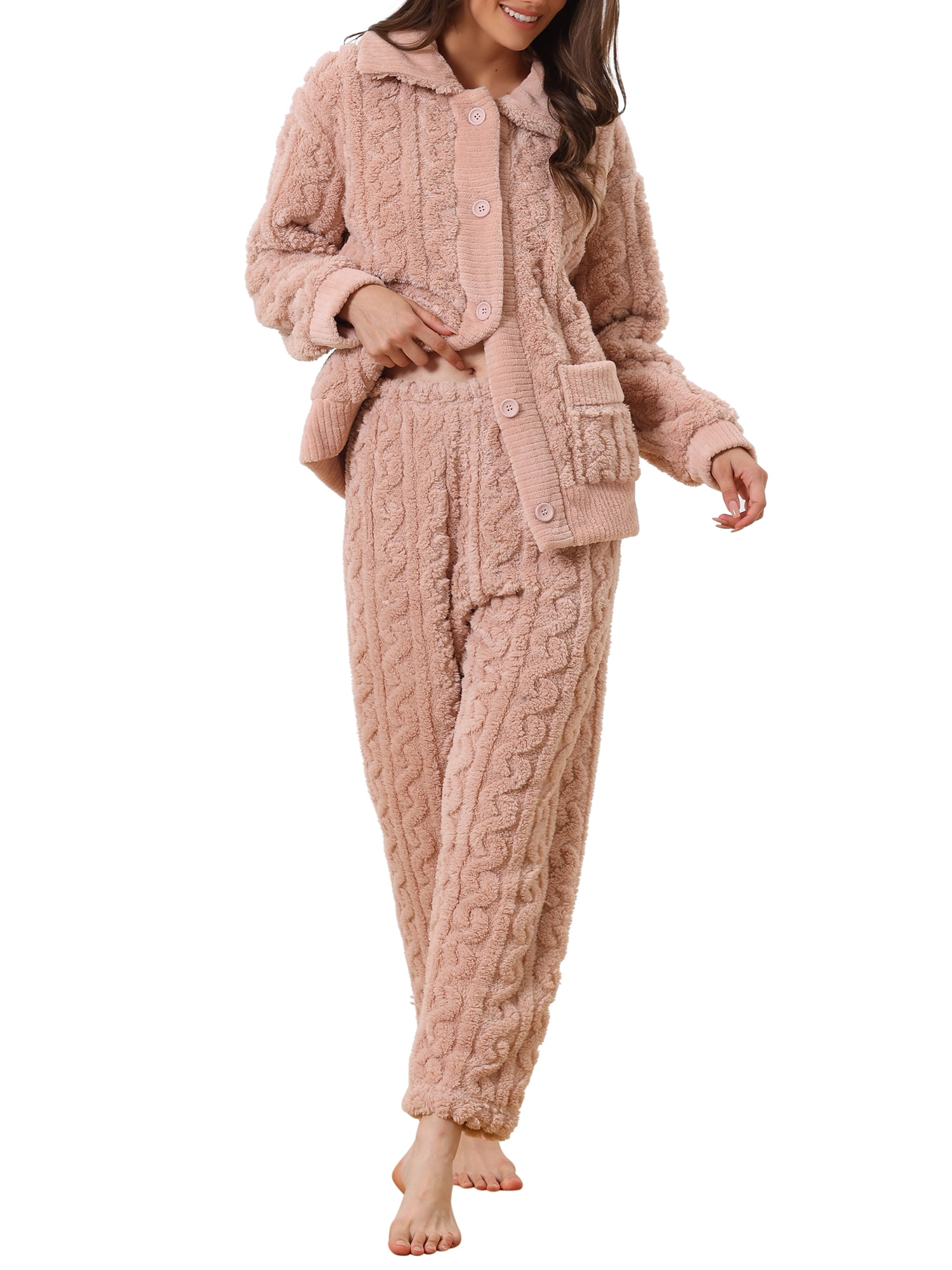 INSPIRE CHIC Women's Fluffy Fleece Pajama Set Soft Warm Button Down ...