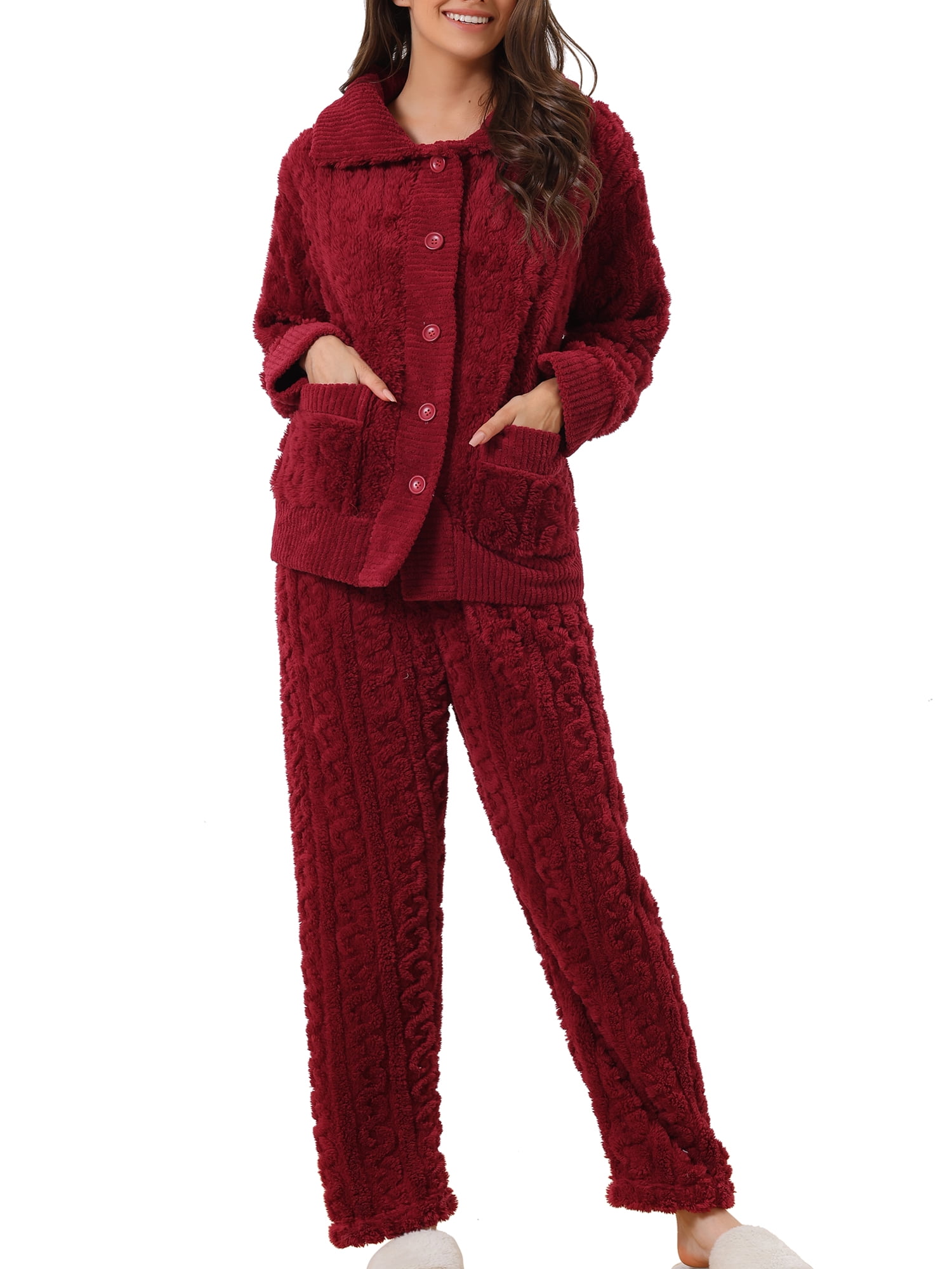 cheibear Women's Fluffy Fleece Pajama Set Soft Warm Button Down Long ...