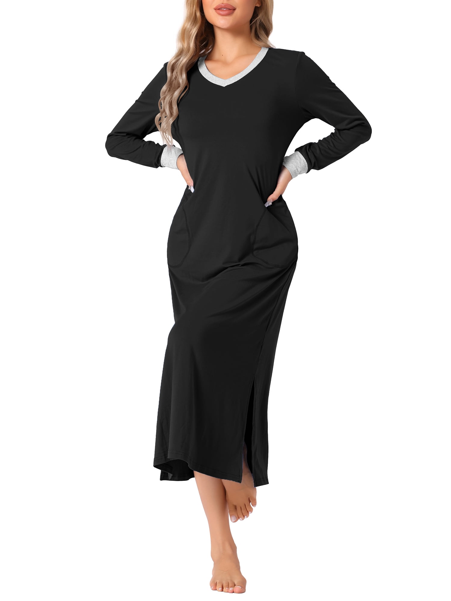 INSPIRE CHIC Women's Night Dress Long Sleeve V Neck Soft Sleep Dress ...
