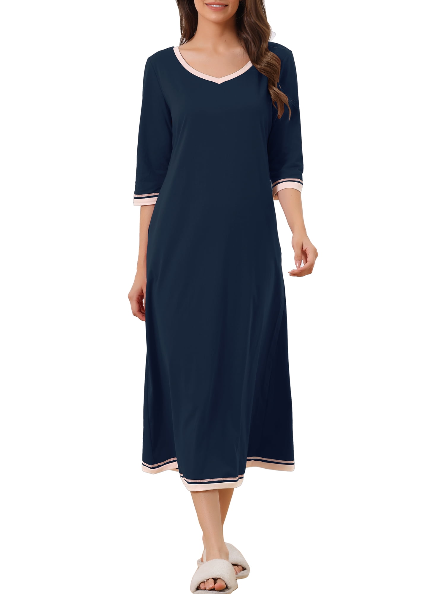 cheibear Women's 3/4 Sleeve V Neck Nightgown, Long Sleepwear with ...