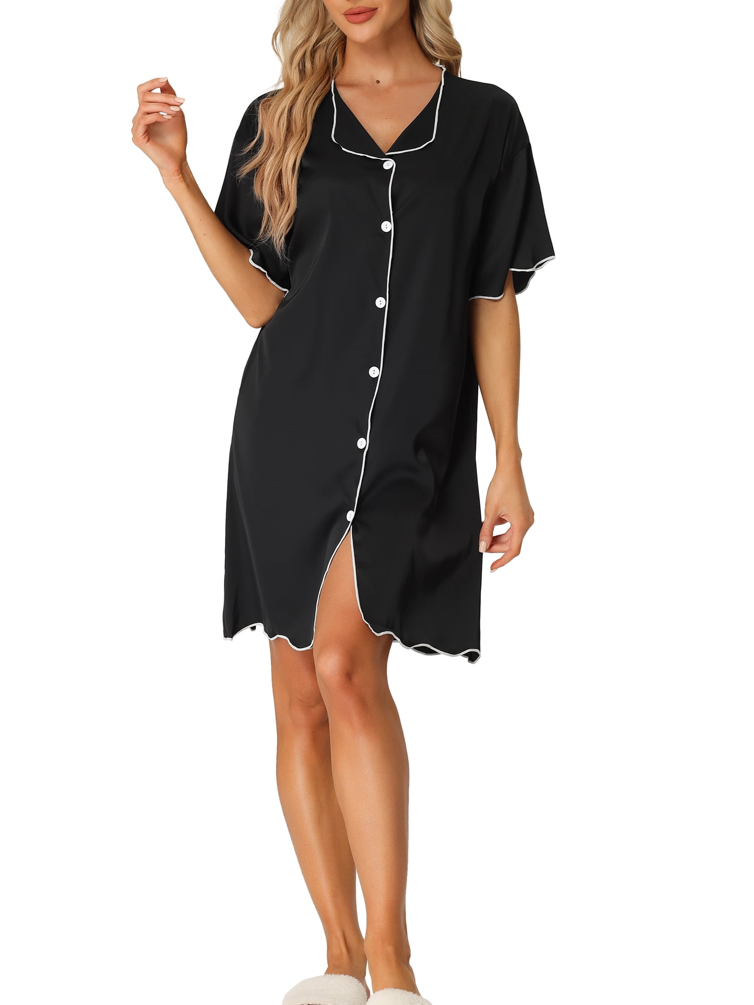 INSPIRE CHIC Women's Nightshirt Satin Short Sleeve Sleepshirt Button ...
