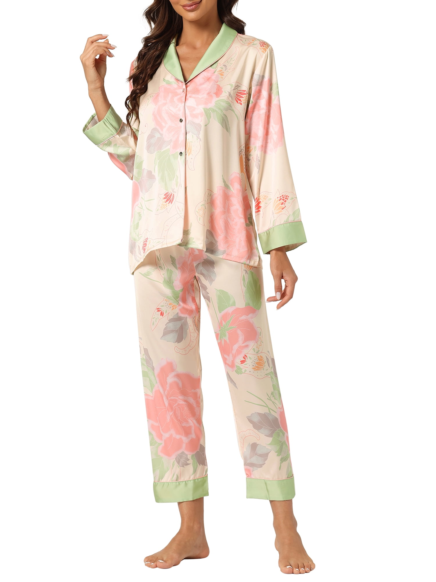 INSPIRE CHIC Women's Silk Pajamas Set Floral Button Down Satin ...