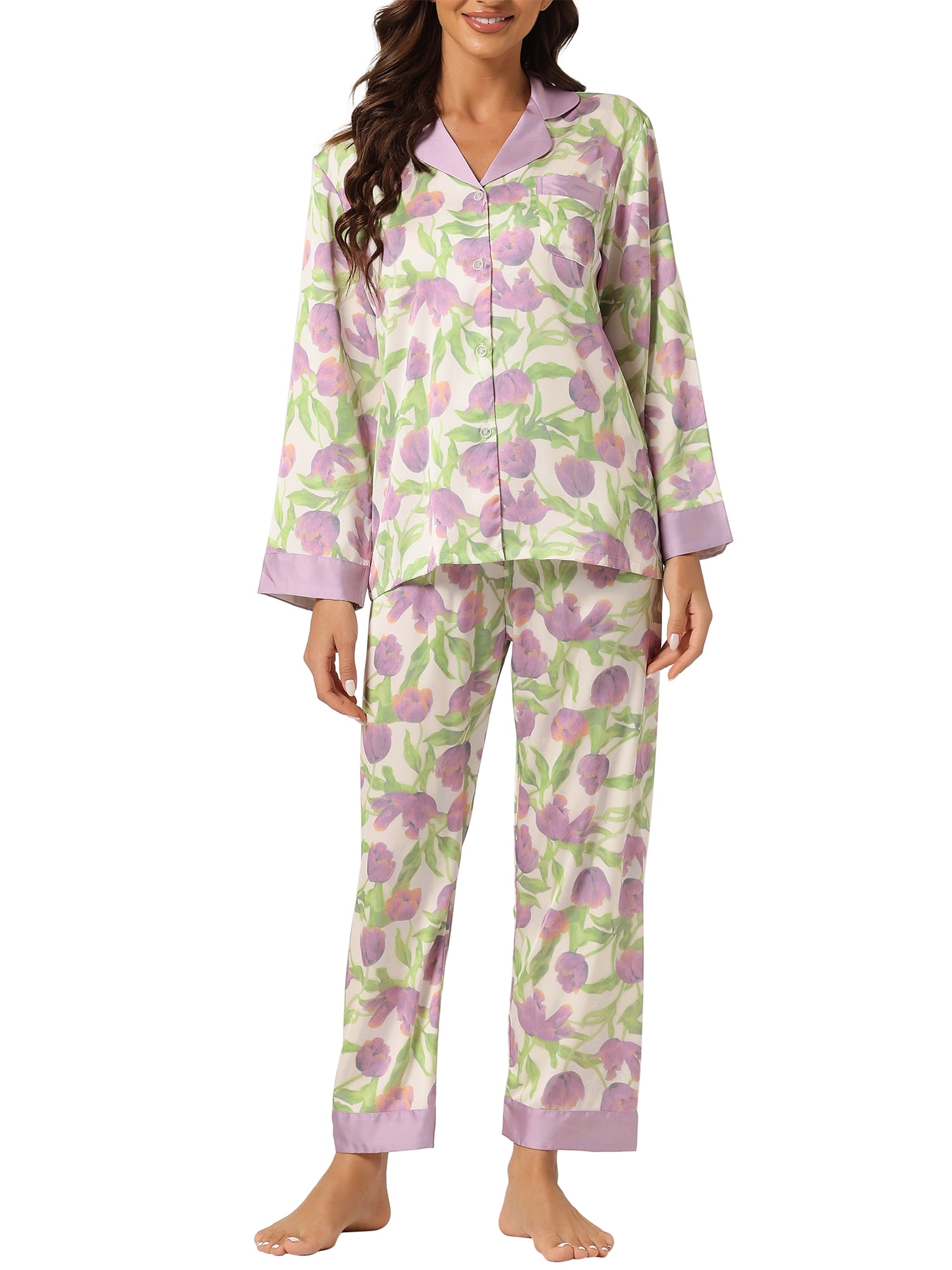 INSPIRE CHIC Women's Silk Pajamas Set Floral Button Down Satin ...