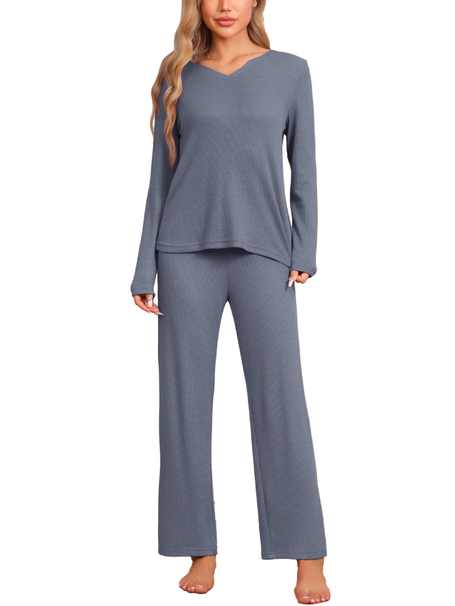 INSPIRE CHIC Women's Pajamas Waffle Soft Sweatsuit Long Sleeve V Neck ...