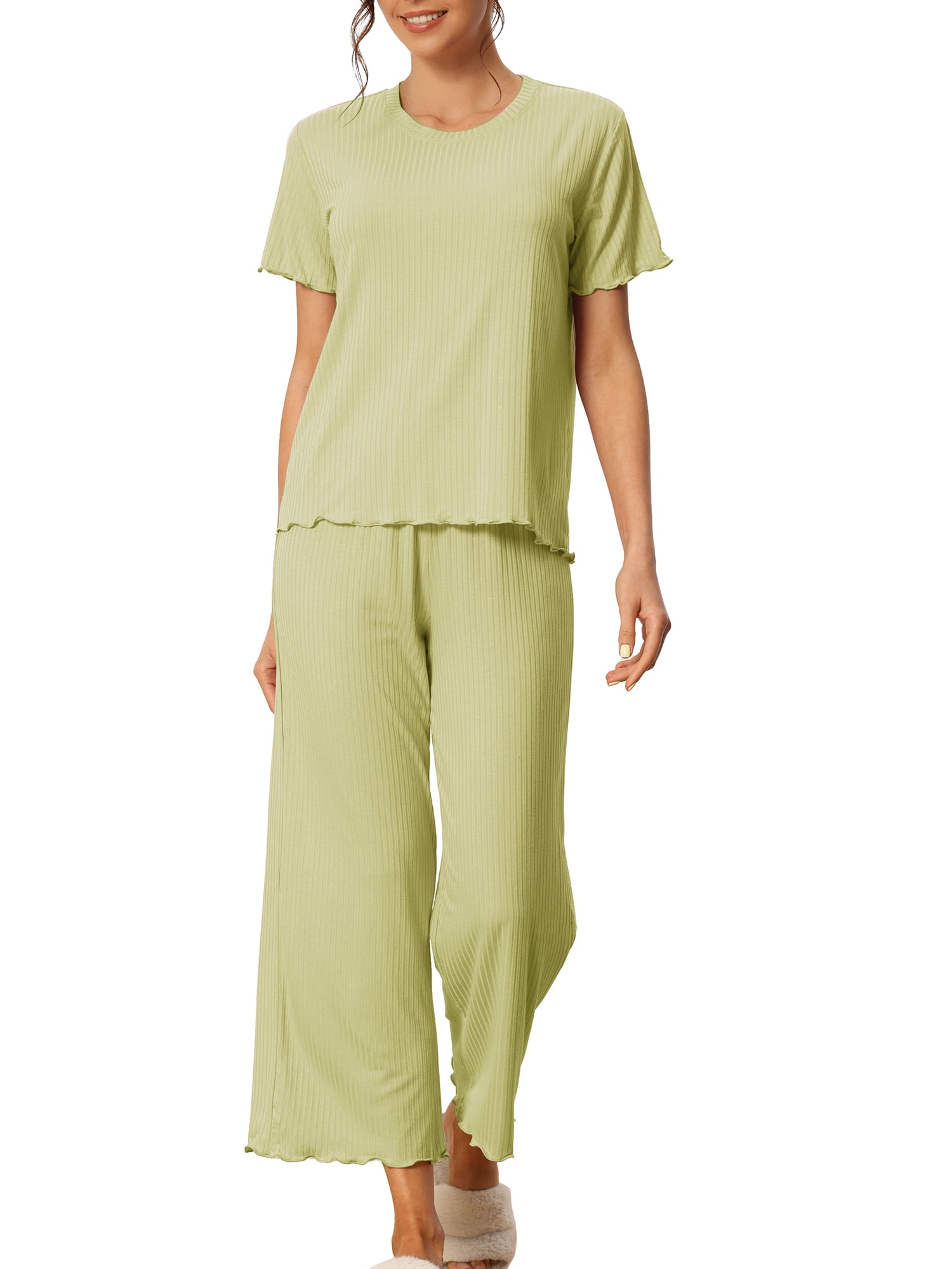 INSPIRE CHIC Women's Pajama Sets Round Neck Short Sleeve Solid Ribbed ...