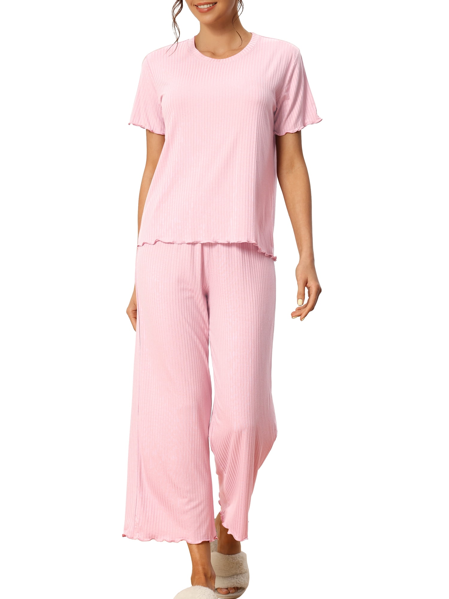 INSPIRE CHIC Women's Pajama Sets Round Neck Short Sleeve Solid Ribbed ...