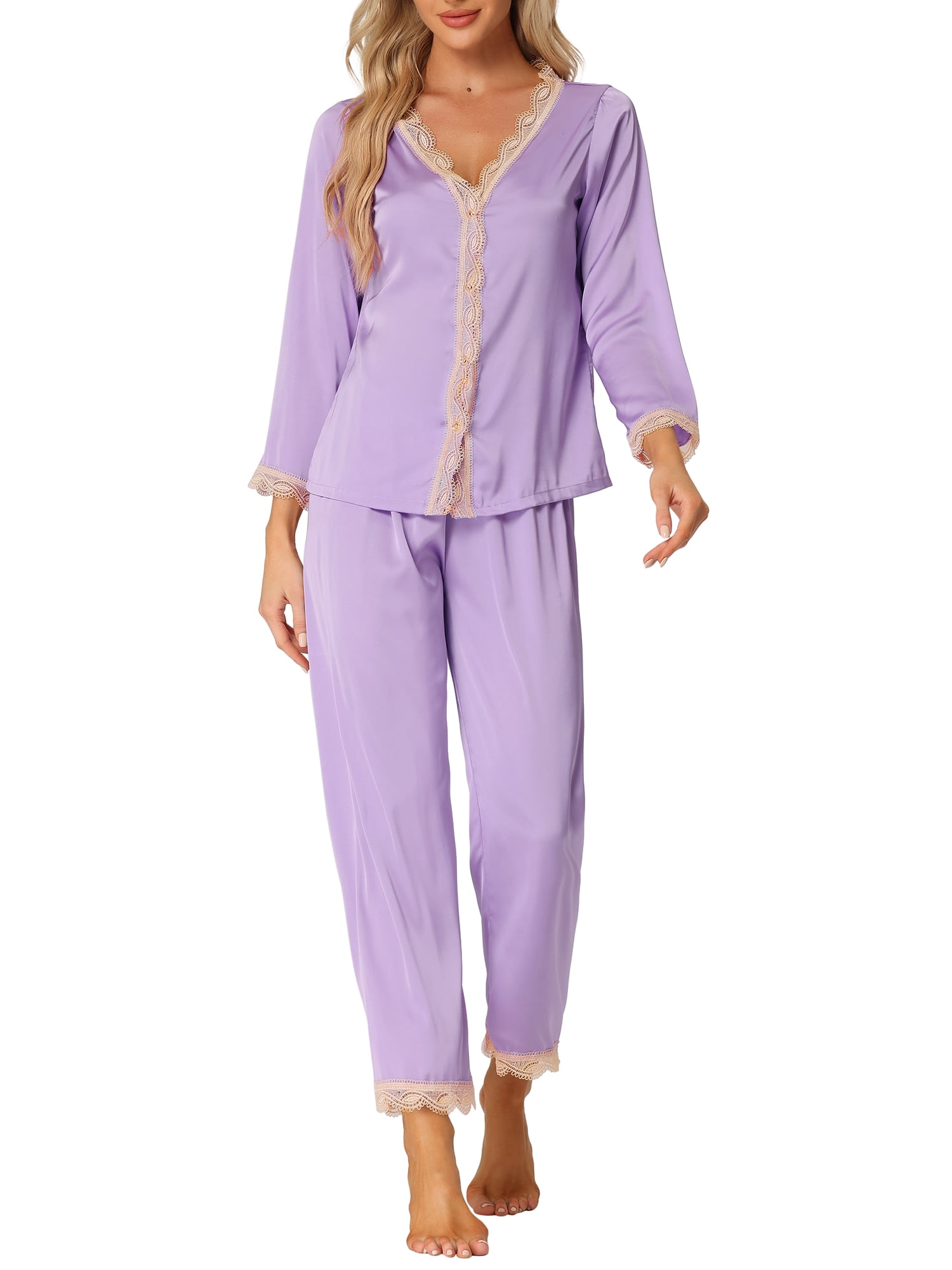 INSPIRE CHIC Women's Satin Lounge Sleepwear Night Suits V Neck Lace ...