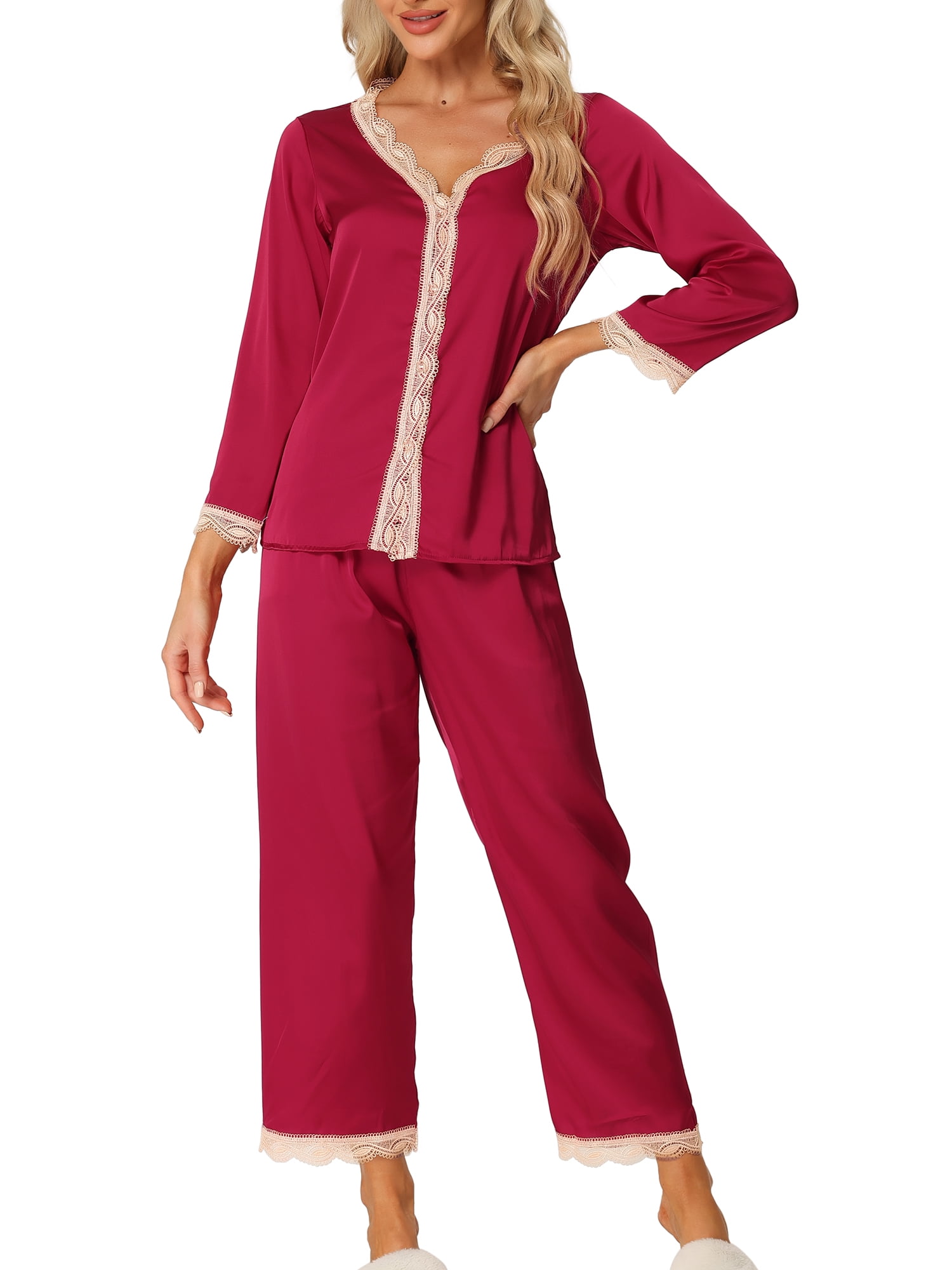cheibear Women's Satin Lounge Sleepwear Night Suits V Neck Lace Trim ...