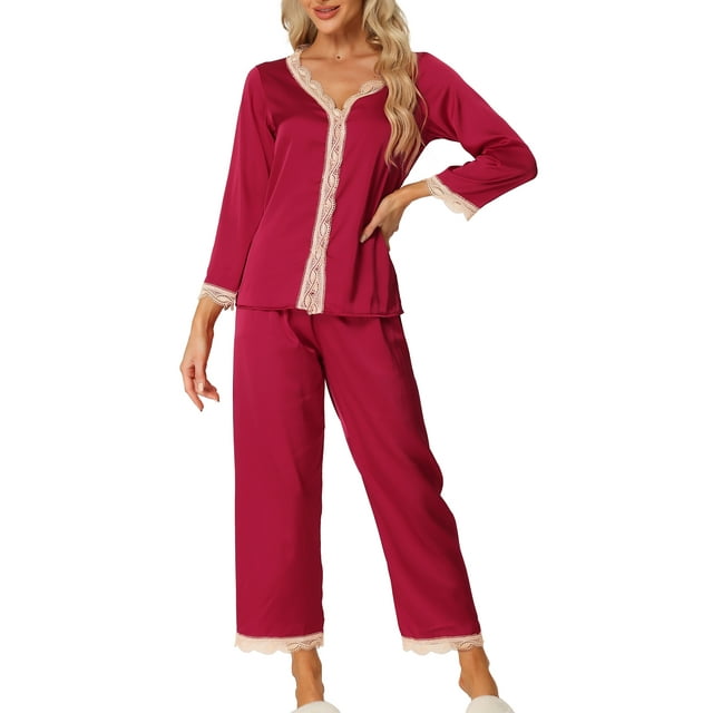 cheibear Women's Satin Lounge Sleepwear Night Suits V Neck Lace Trim ...