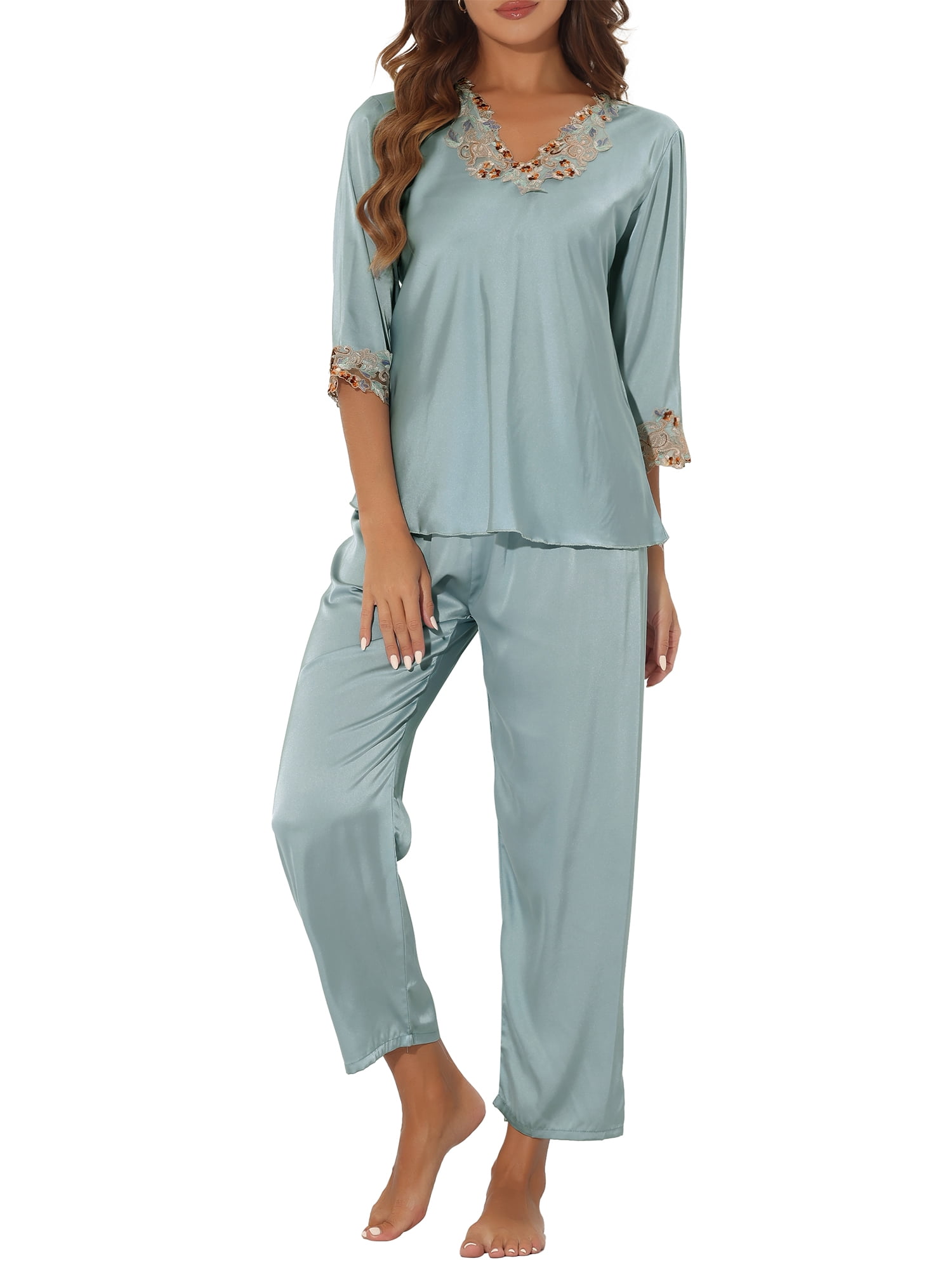 cheibear Women's Satin Pajama Set Half Sleeve Lace Top with Long Pants ...