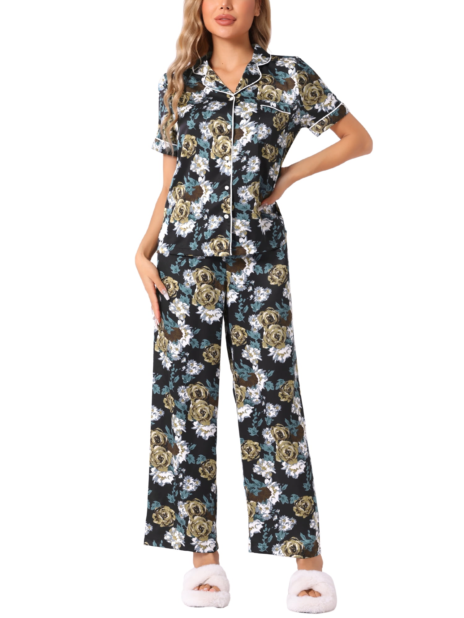 INSPIRE CHIC Women's Satin Pajama Set Silk Floral Short Sleeves Top and ...