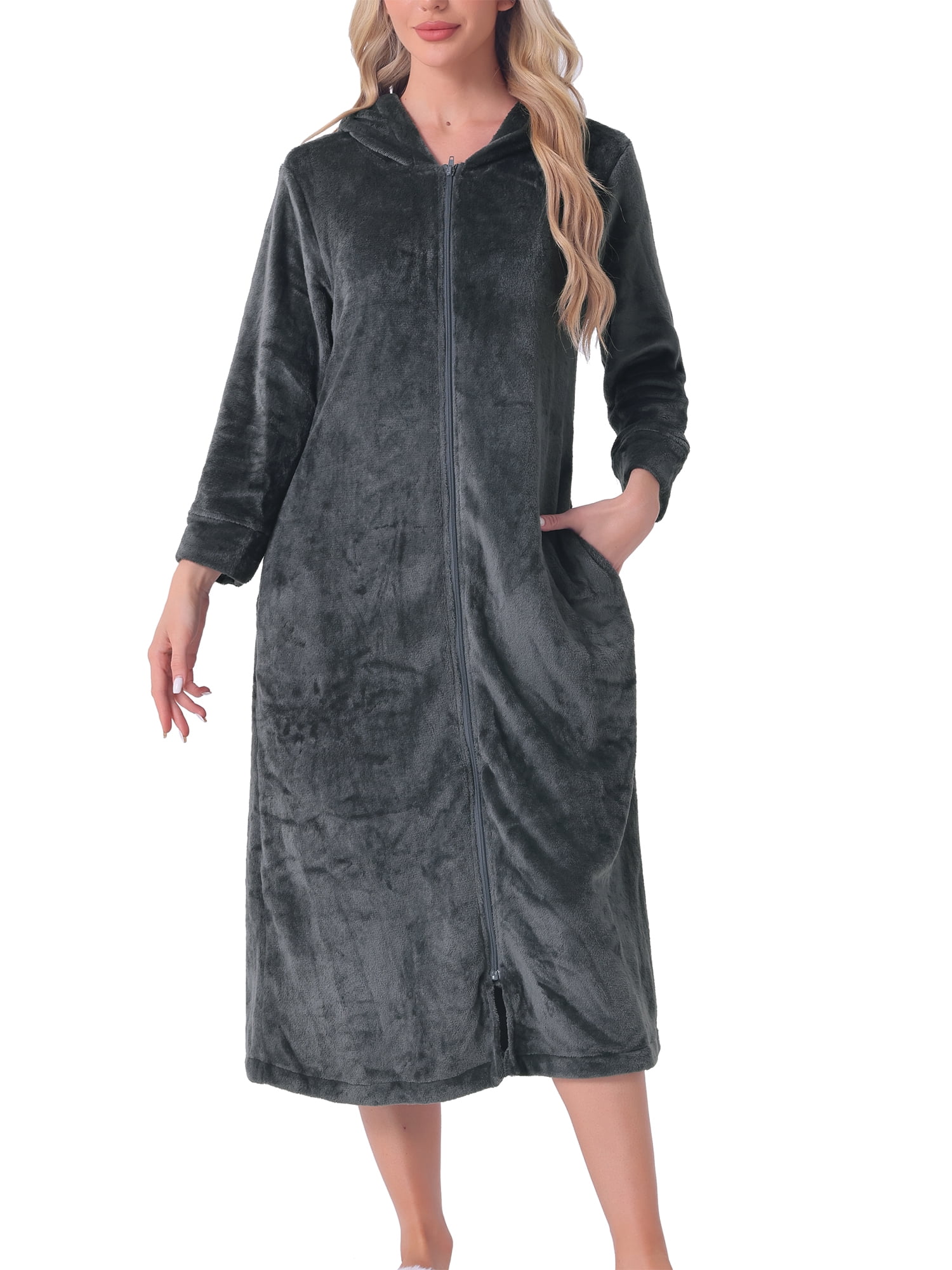 INSPIRE CHIC Women's Fluffy Robe Plush Warm Soft Zipper Long Bathrobes ...