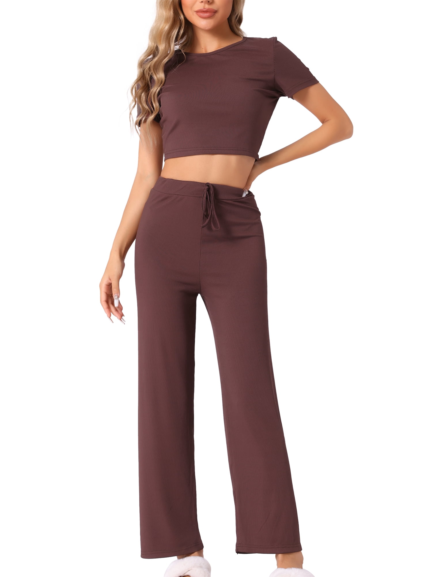 INSPIRE CHIC Women's Pajama Ribbed Knit 2 Piece Short Sleeve Crop Top ...