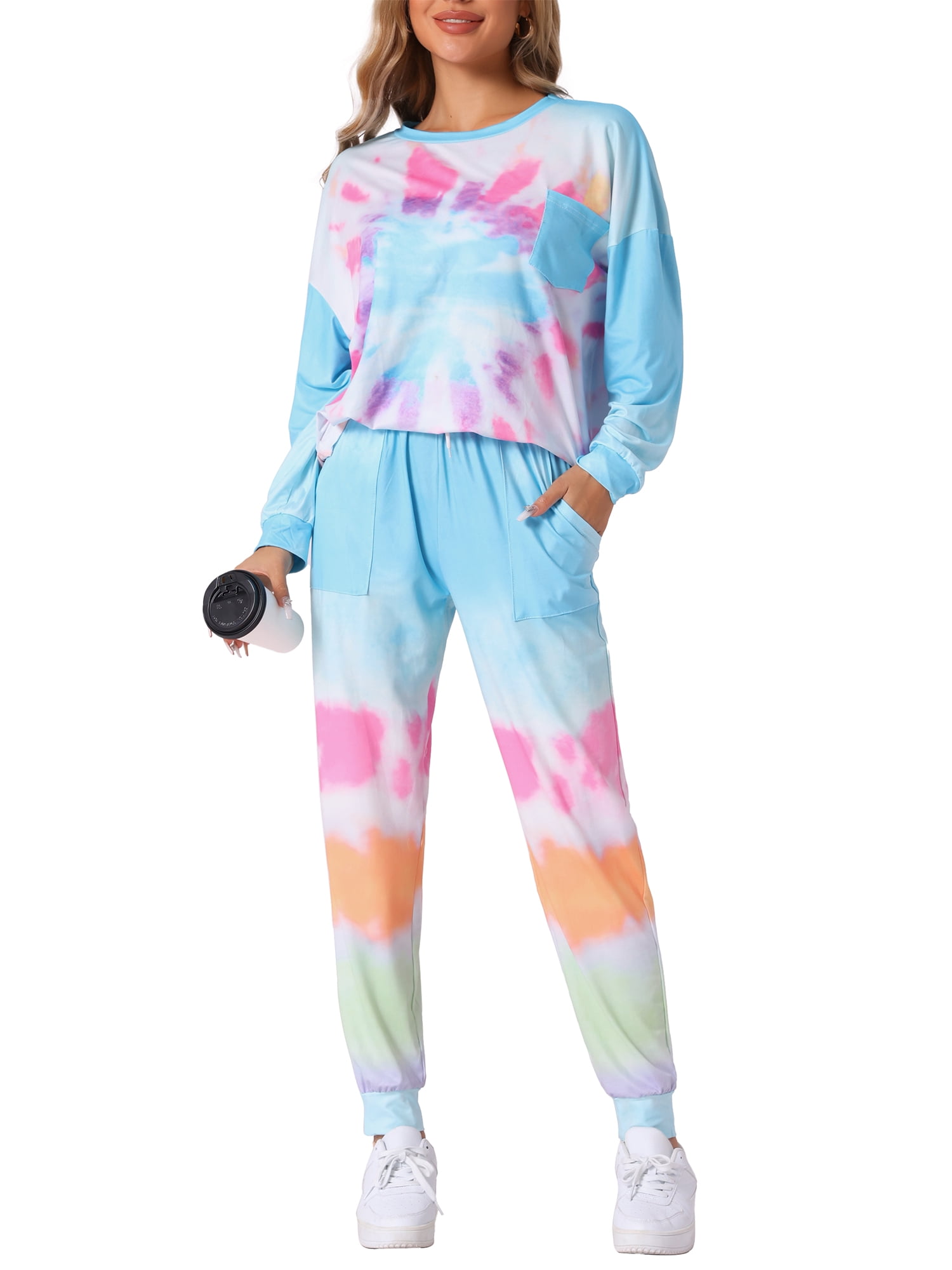 cheibear Women's Pajamas Set Tie Dye Long Sleeve Round Neck Drawstring ...
