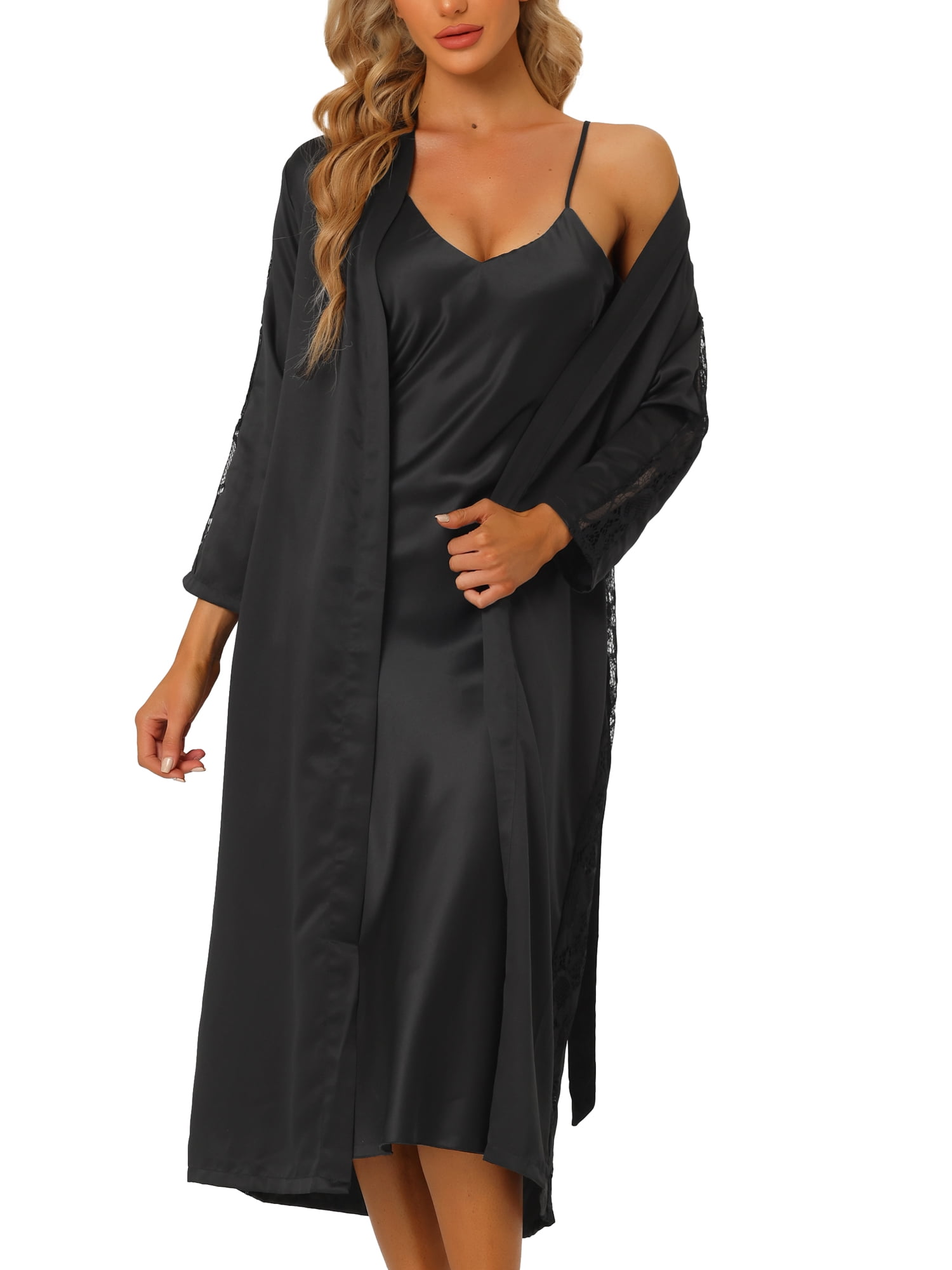 INSPIRE CHIC Womens Satin Nightwear Robe Nightgown Sets Lace Trim Long ...