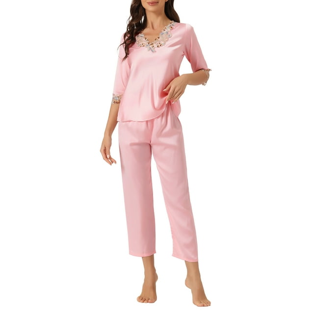 cheibear Womens Satin Pajama Set Half Sleeve Lace Top with Long Pants 2 ...
