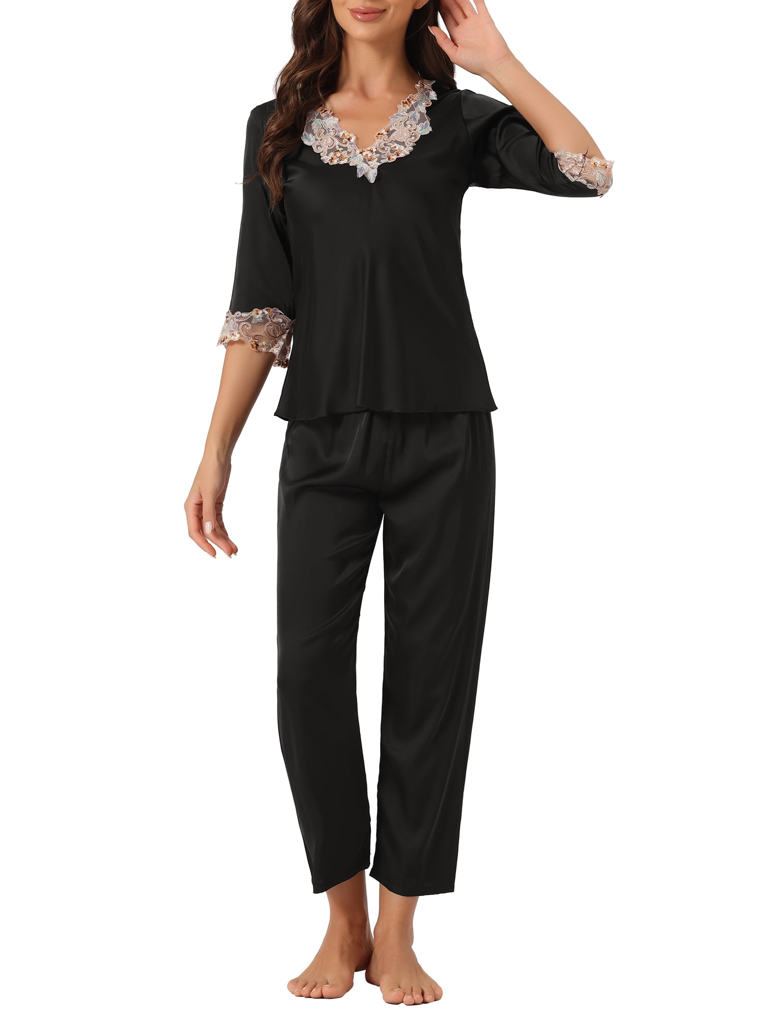 INSPIRE CHIC Women's Satin Pajama Set Half Sleeve Lace Top with Long ...