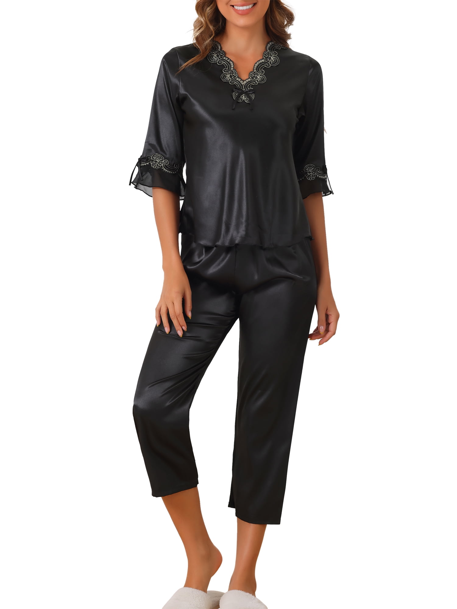 INSPIRE CHIC Women's Satin Pajama Set Silky Half Sleeve Shirt with Long ...