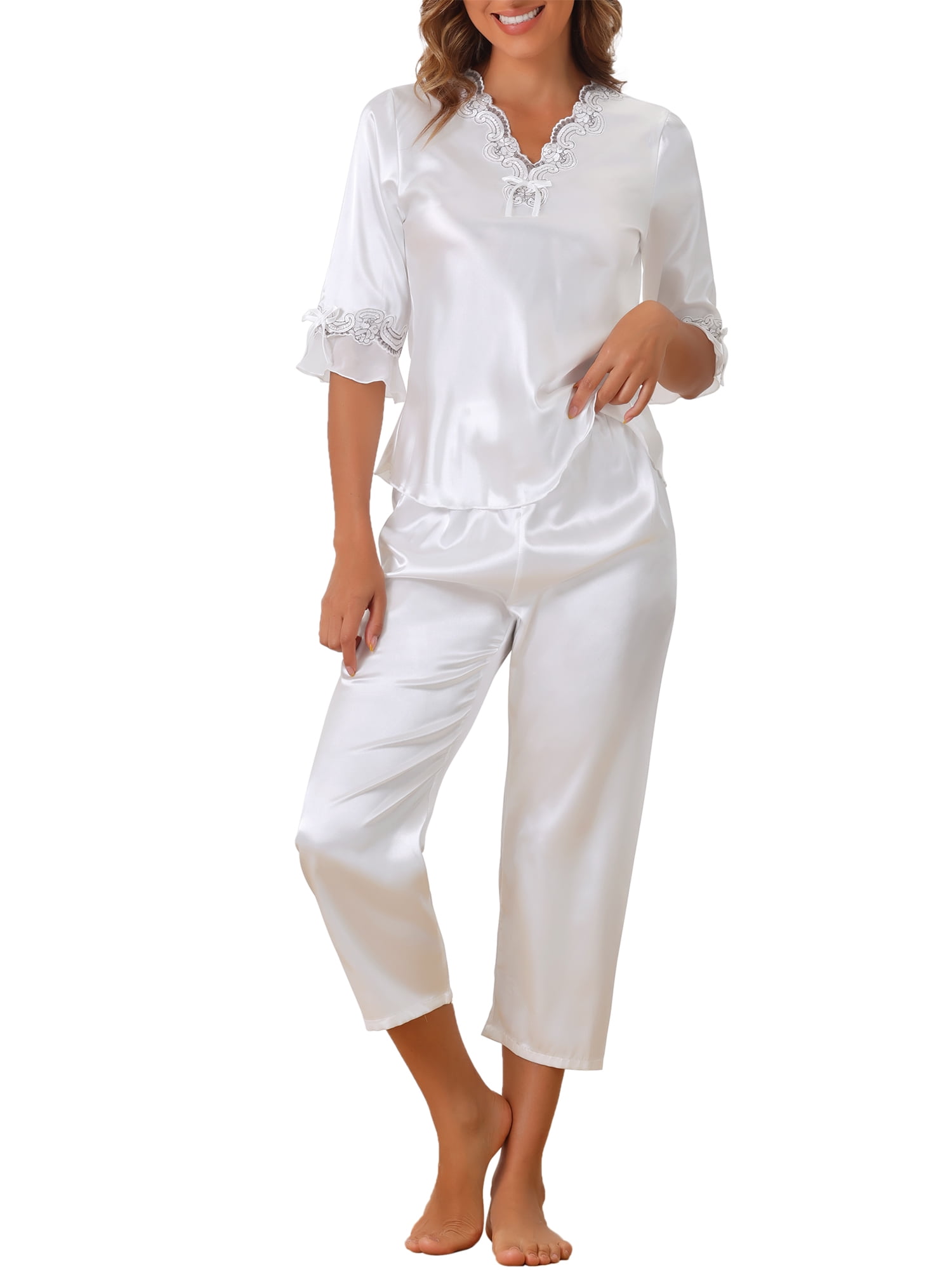 cheibear Women's Satin Pajama Set Silky Half Sleeve Shirt with Long ...