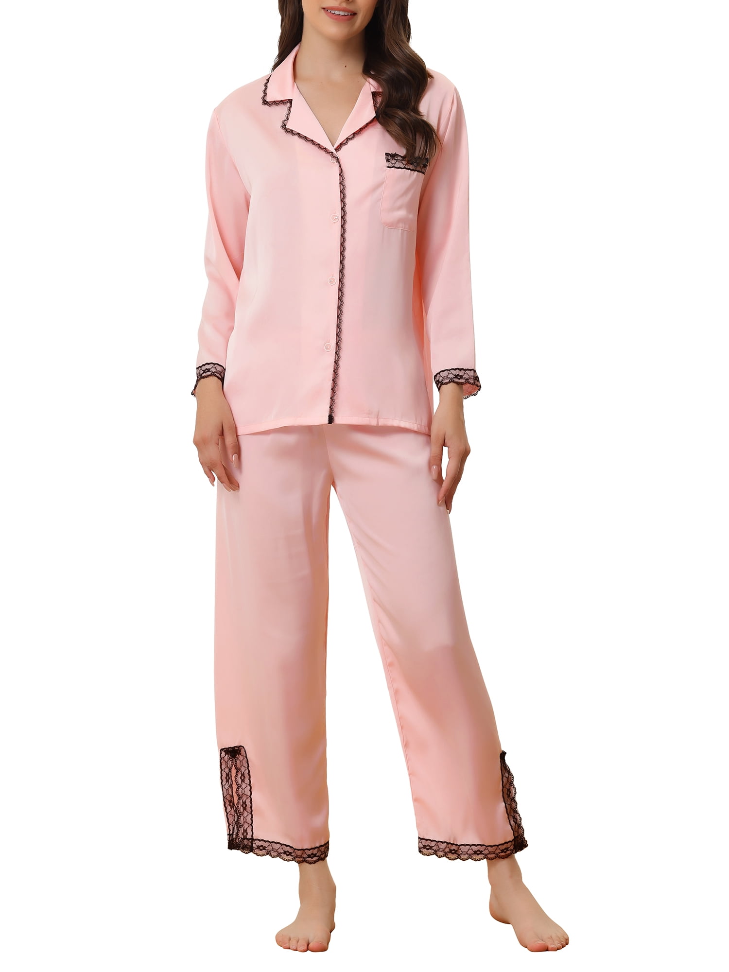 cheibear Womens Satin Pajamas Sets Two Piece Lace Long Sleeve Button ...