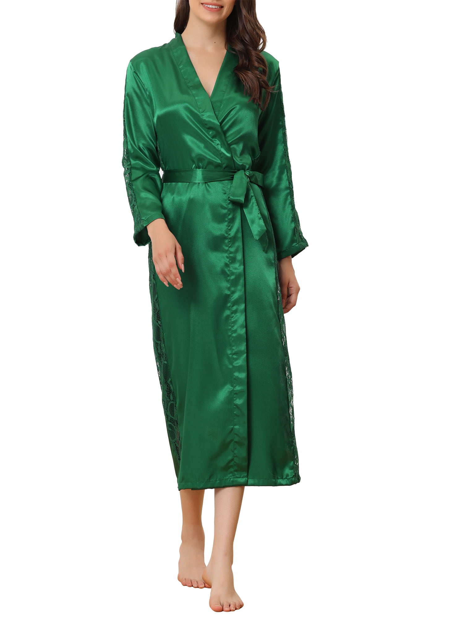 cheibear Womens Satin Robe Lace Long Sleeve Kimono Gown Bathrobe ...