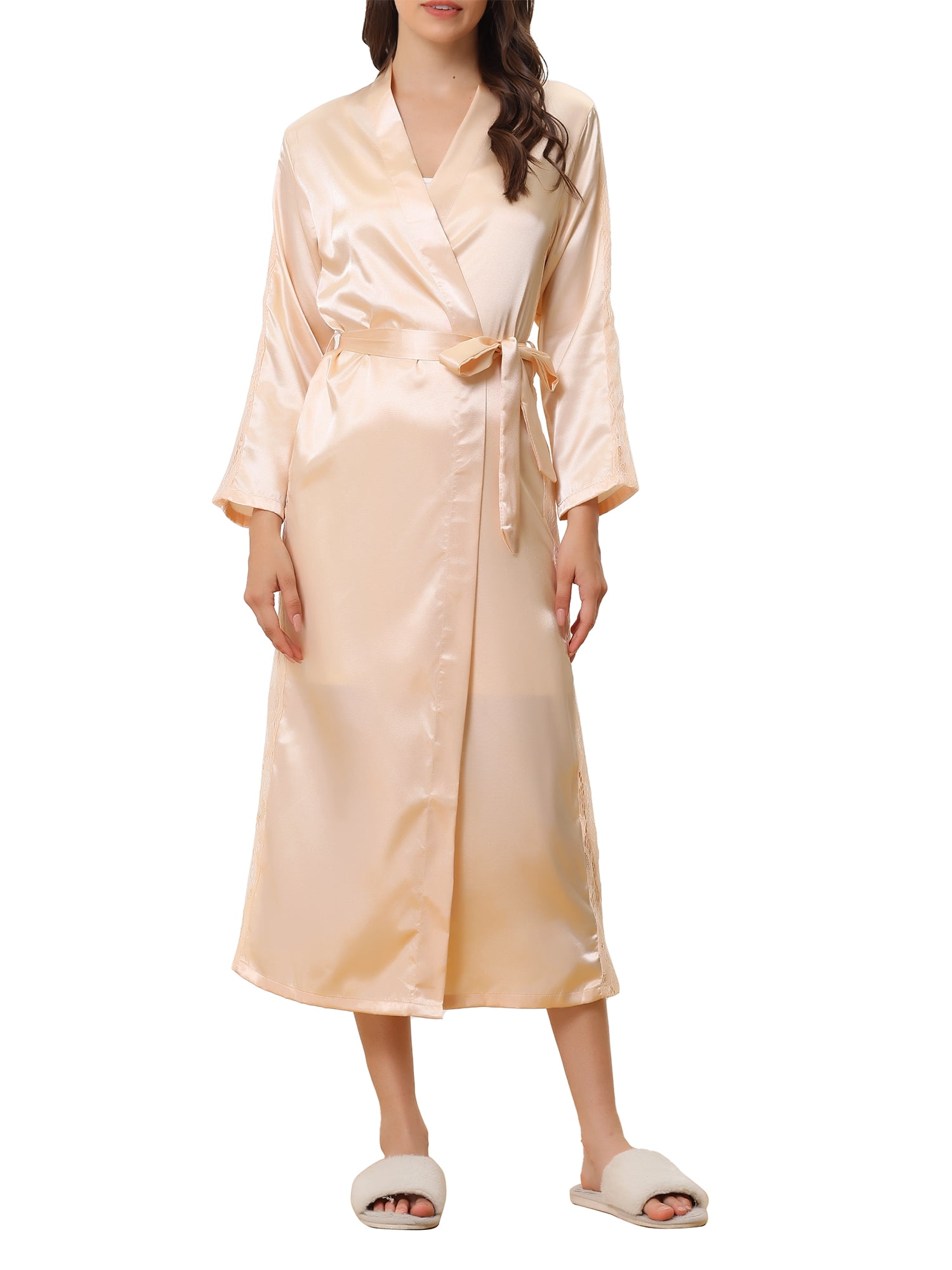 cheibear Womens Satin Robe Lace Long Sleeve Kimono Gown Bathrobe ...