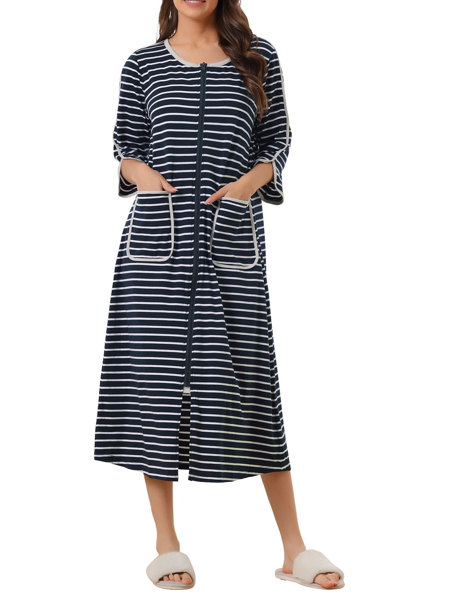 INSPIRE CHIC Women's Zip Front Striped Robe 3/4 Sleeve Long Bathrobe ...