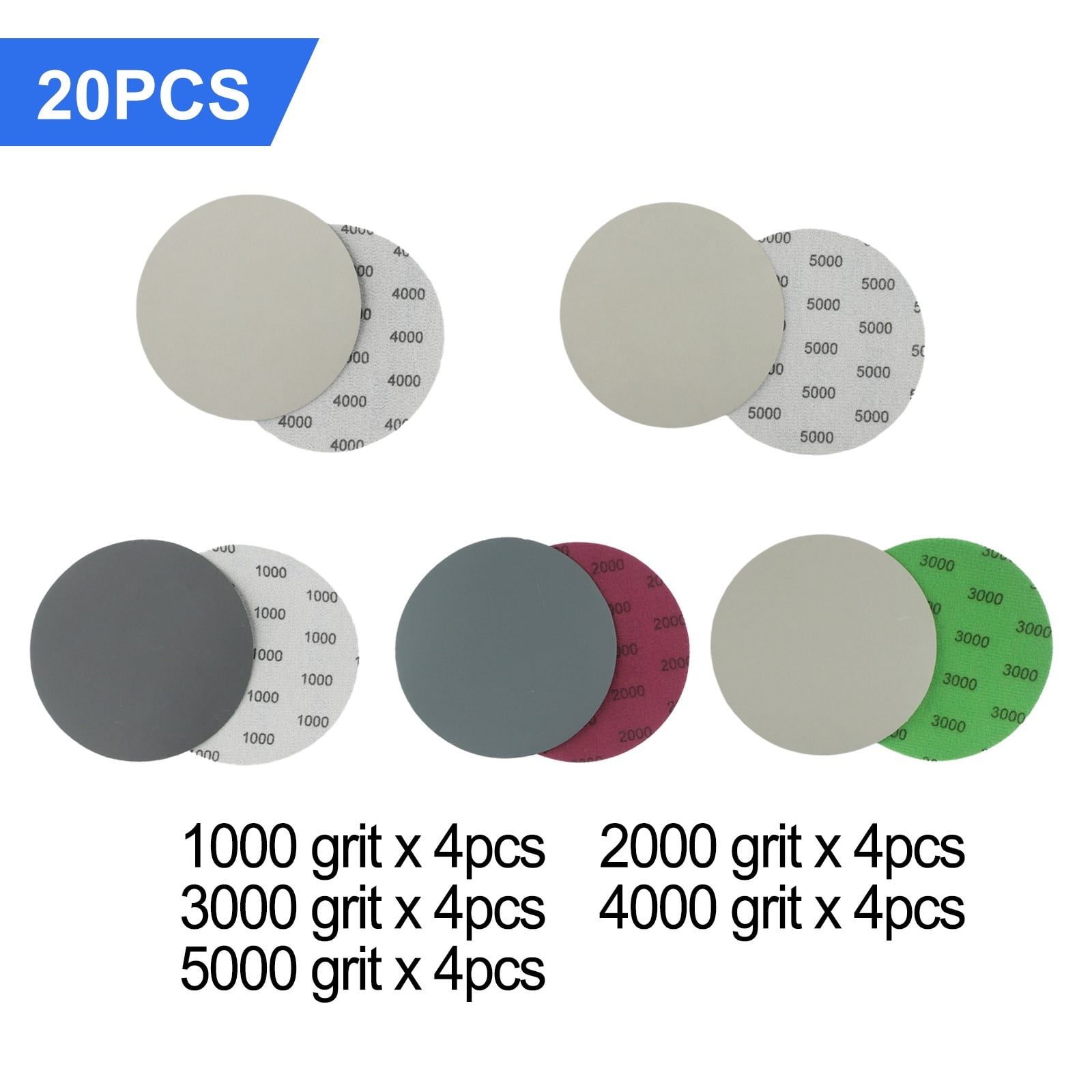 chengsi 20Pcs 5 Inch Hook And Loop Sandpaper Water Sanding Discs 1000 ...