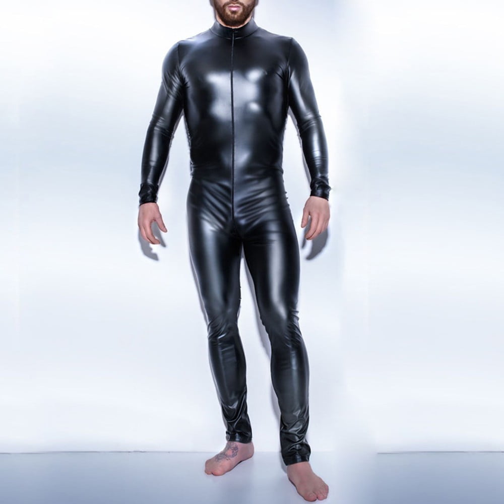 chengsi Men PVC Leather Black Tight Zip Wetlook Bodysuit Jumpsuit ...