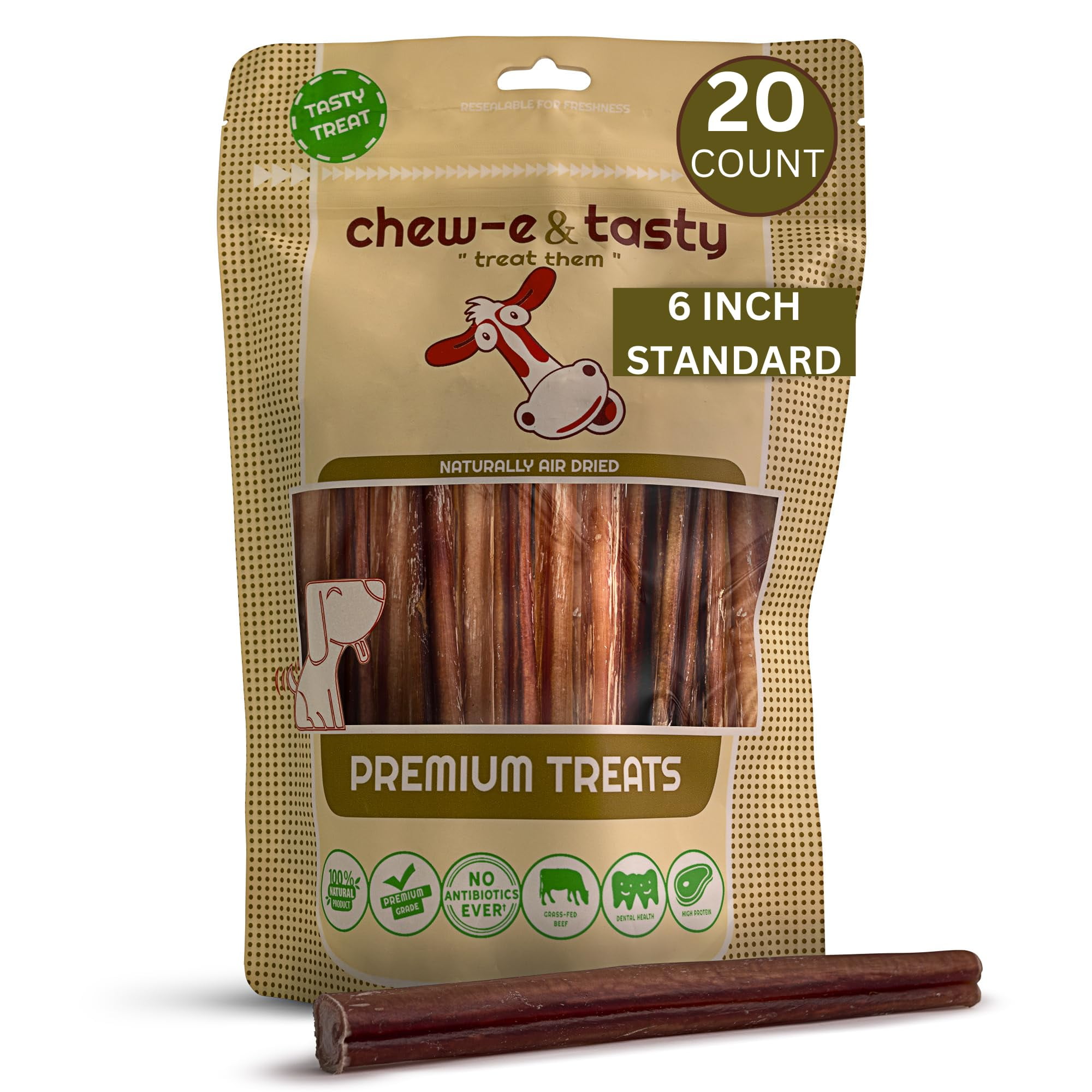 chew-e&tasty 6 Inch Bully STF9 Sticks for Dogs (Pack of 20) - Natural ...