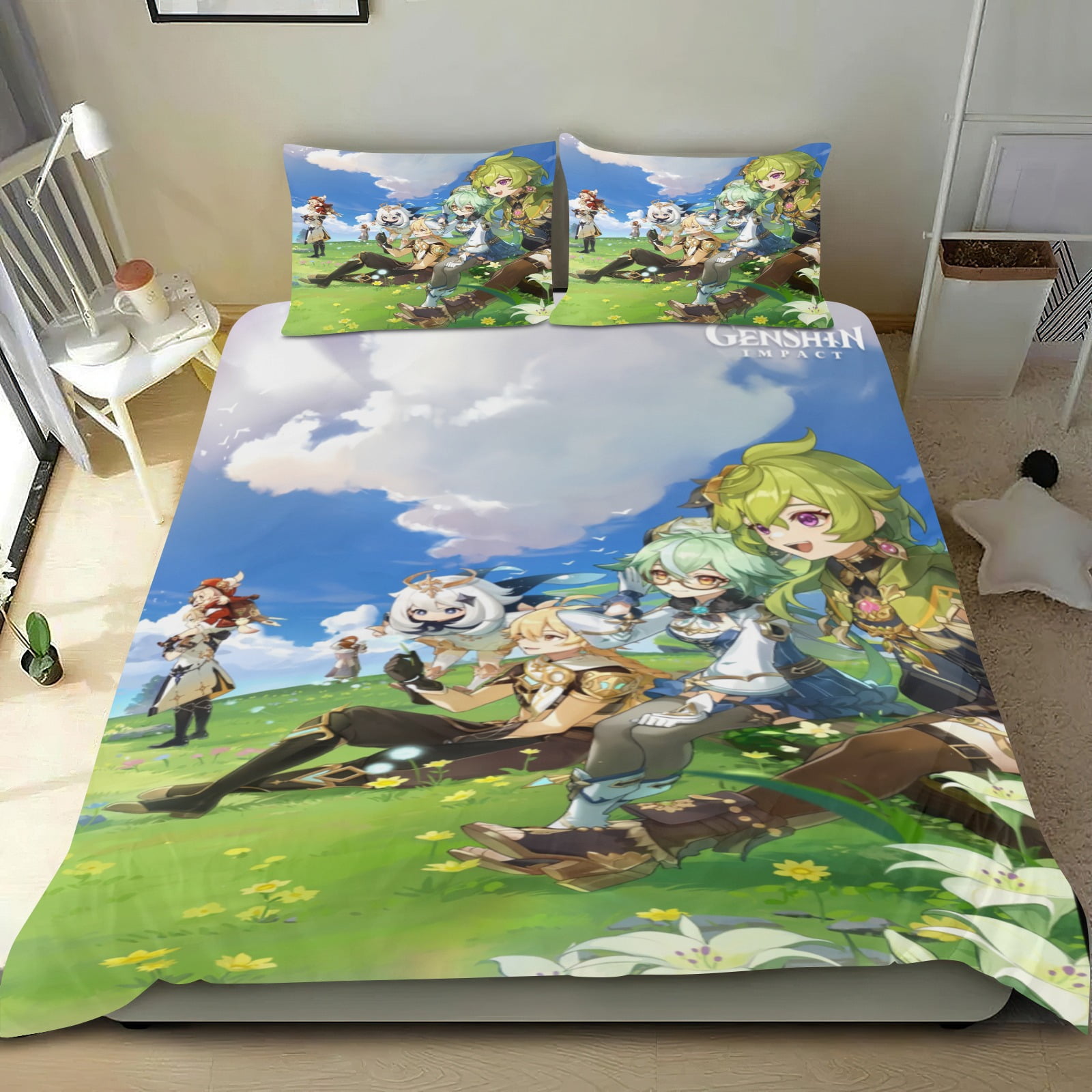 chibi genshin impact Themed Bed Sheet Set Three Piece Set 53x79 Inches ...