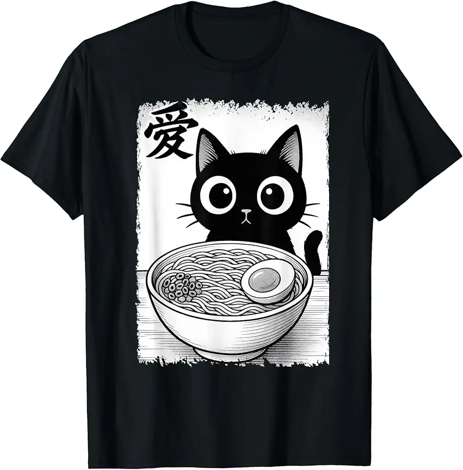 children’s wear Adorable Love Ai Kanji Black Cat Ramen Noodle Graphic T ...