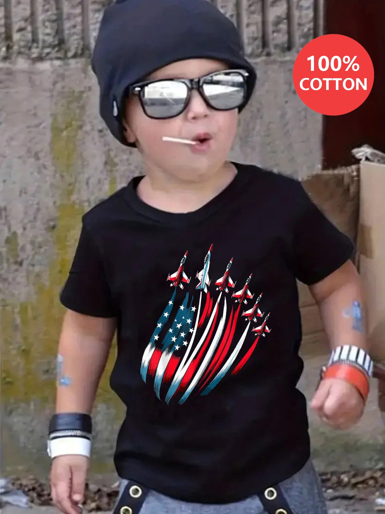 children’s wear American Flag Fighter Jet Boys T-Shirt Retro Patriotic ...