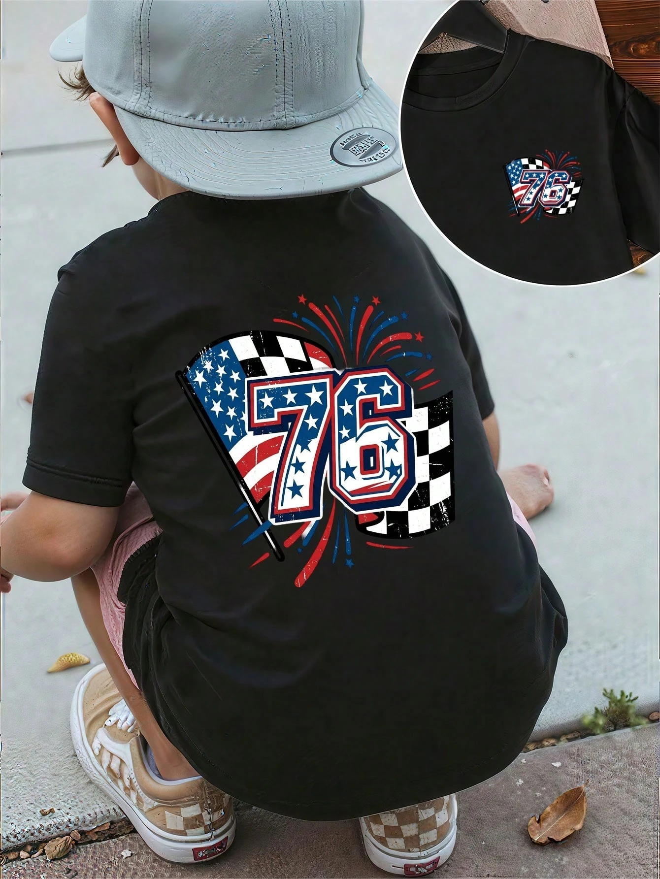 children’s wear Boy's Patriotic Vintage 76 Racing Flag Graphic T-Shirt ...