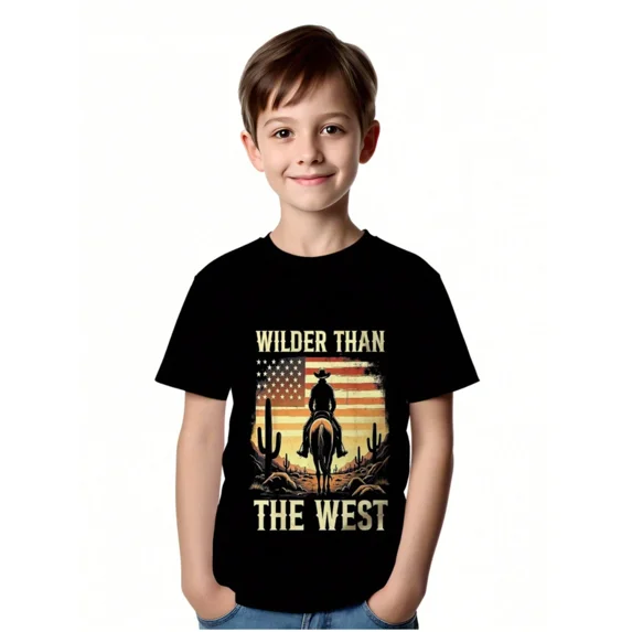 children’s wear Boys Wilder Than The West Cowboy Graphic T-Shirt Retro ...
