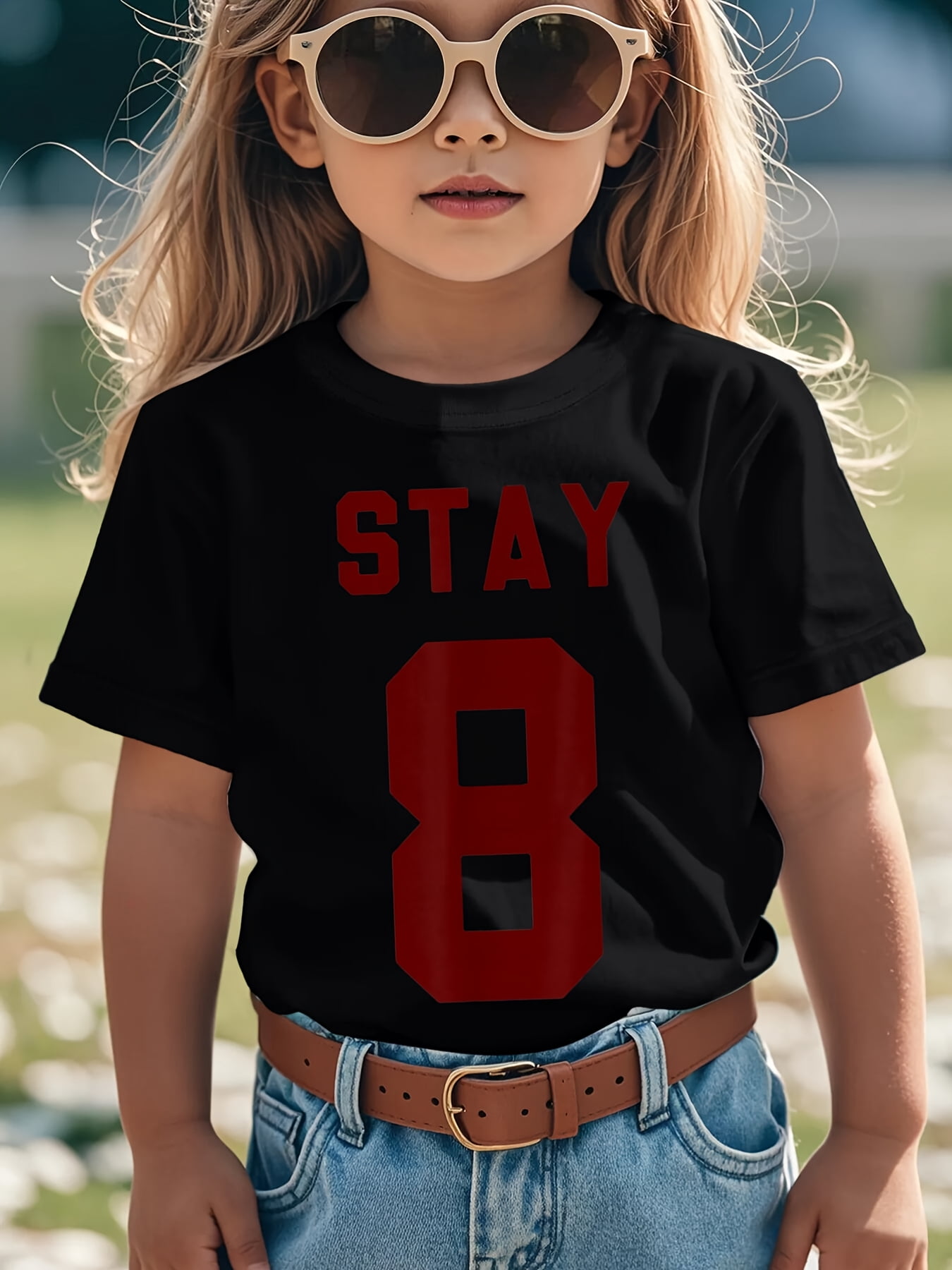 children’s wear Cute Black 'STAY 8' T-Shirt for Girls, Fun Casual Kids ...
