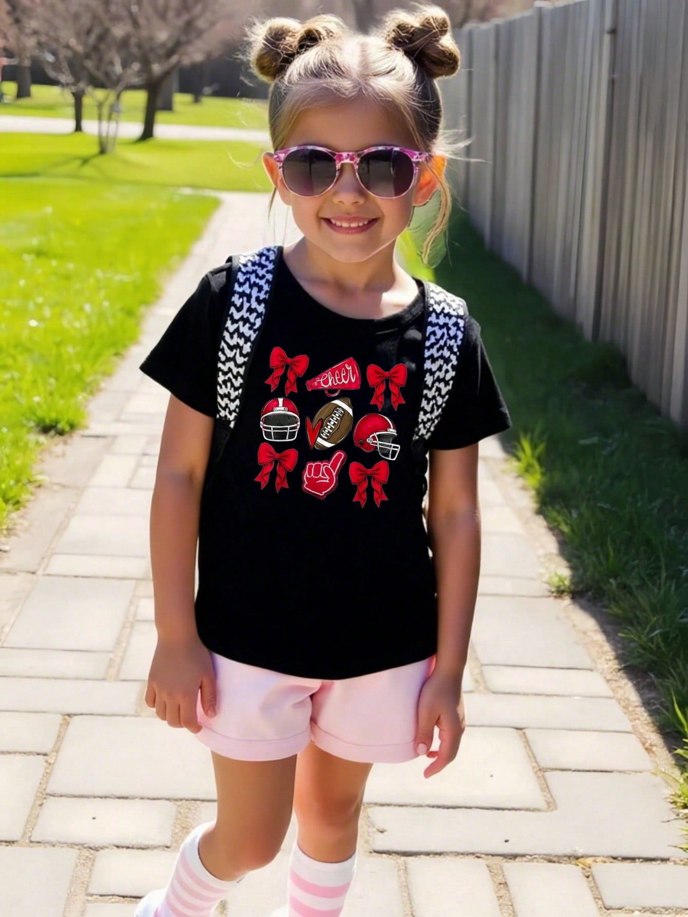 children’s wear Cute Girls Football Cheer Graphic Tee Retro Red Bows ...
