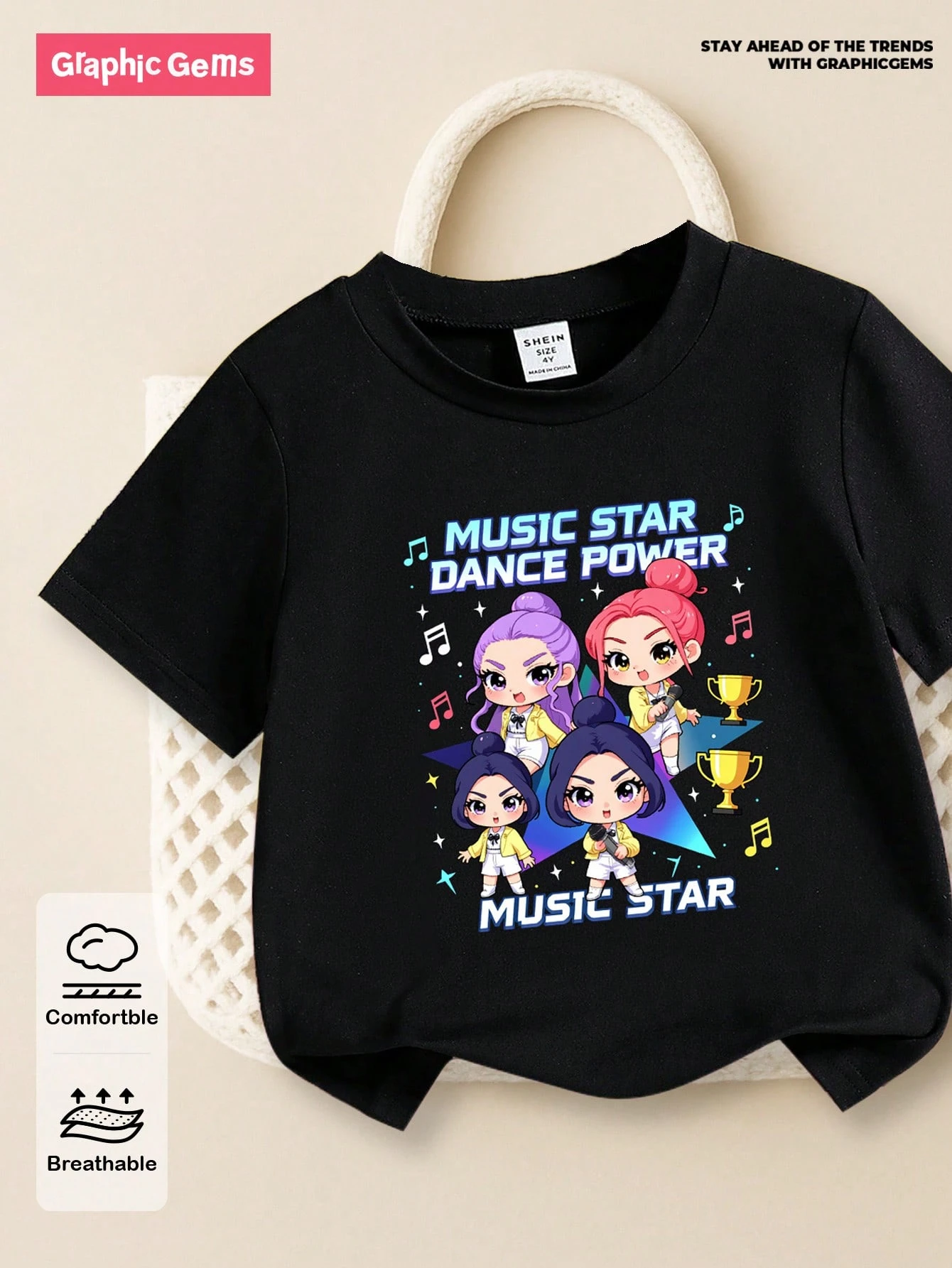 children’s wear Cute Girls Music Star Dance Power Graphic T-Shirt ...