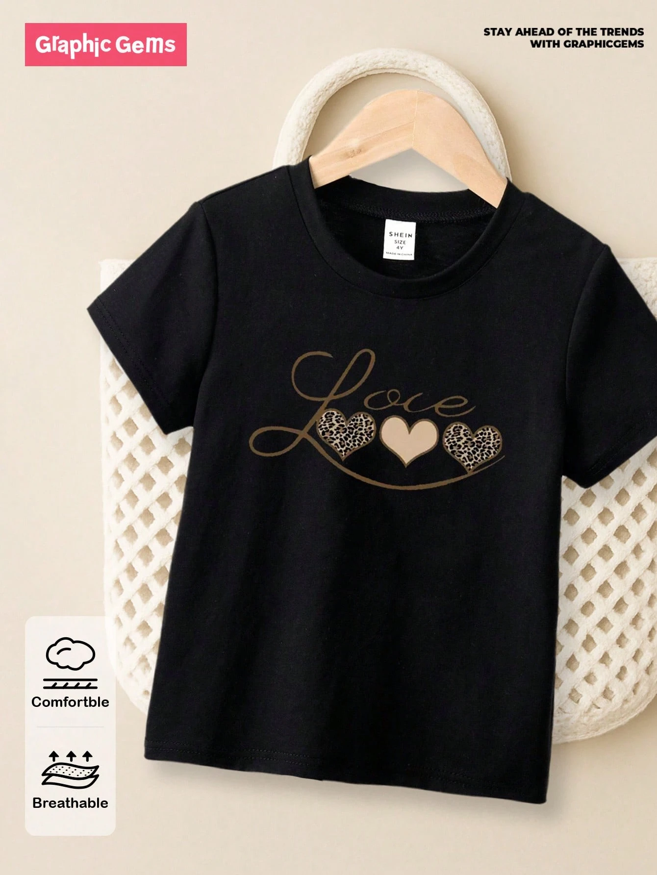 children’s wear Cute Leopard Print Heart Love Black Graphic T-Shirt for ...