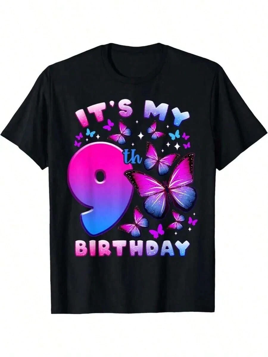 children’s wear Cute Pink and Blue Butterfly 9th Birthday Girls T-Shirt ...